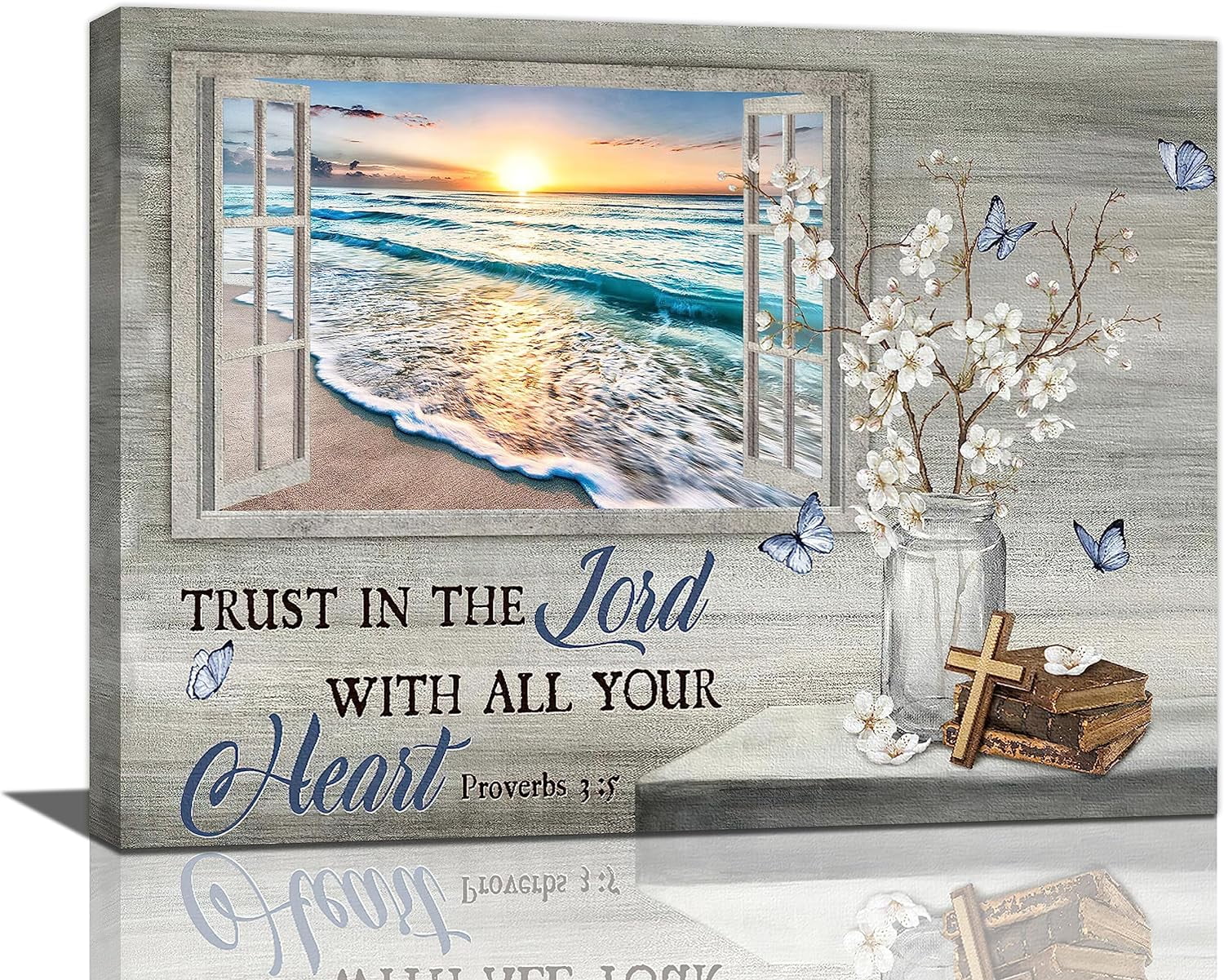 Christian Decor Wall Art Ocean Beach Flowers Coastal Pictures Wall ...