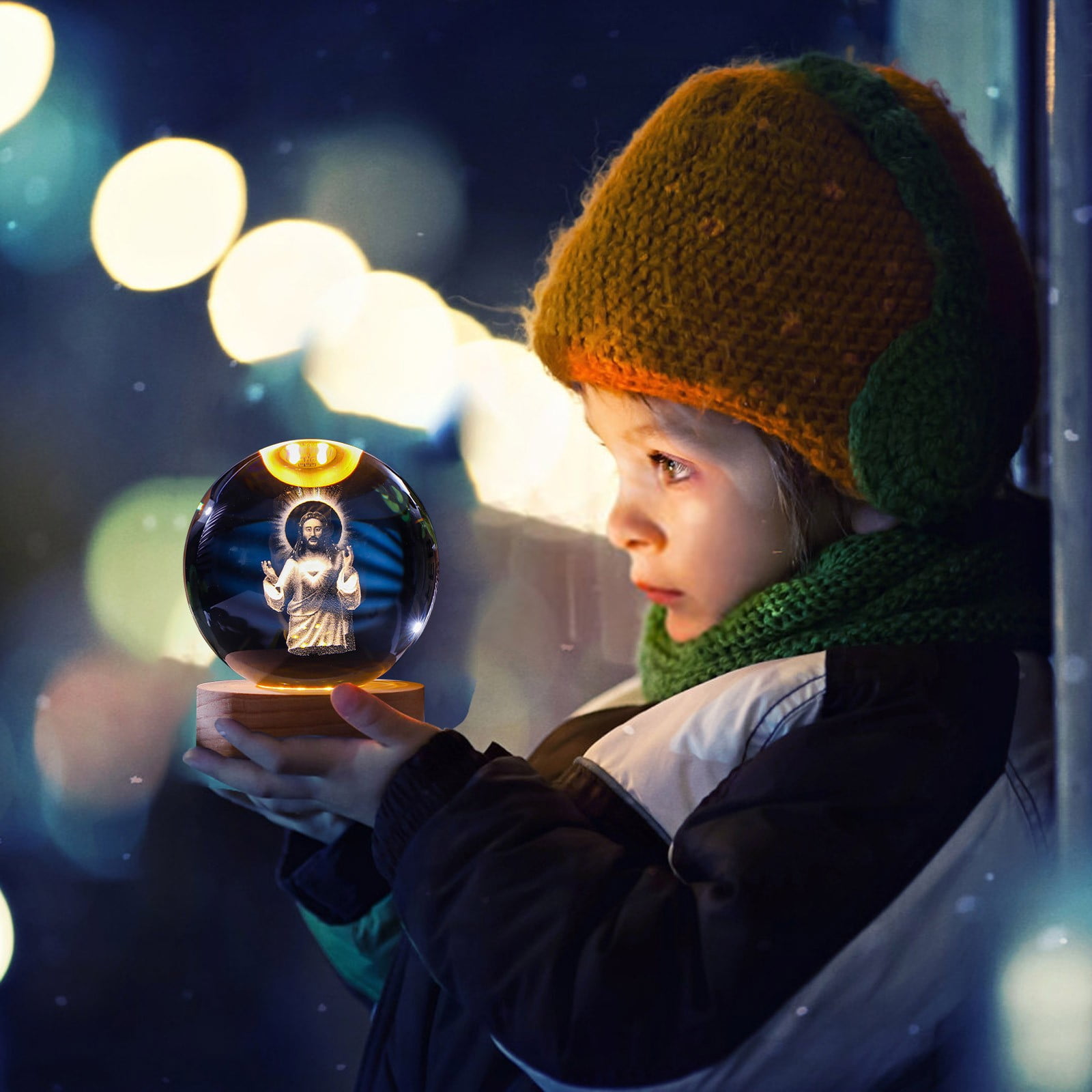 Christian Decor, Wooden Light Base Crystal Ball Night Light, 3D Holy ...