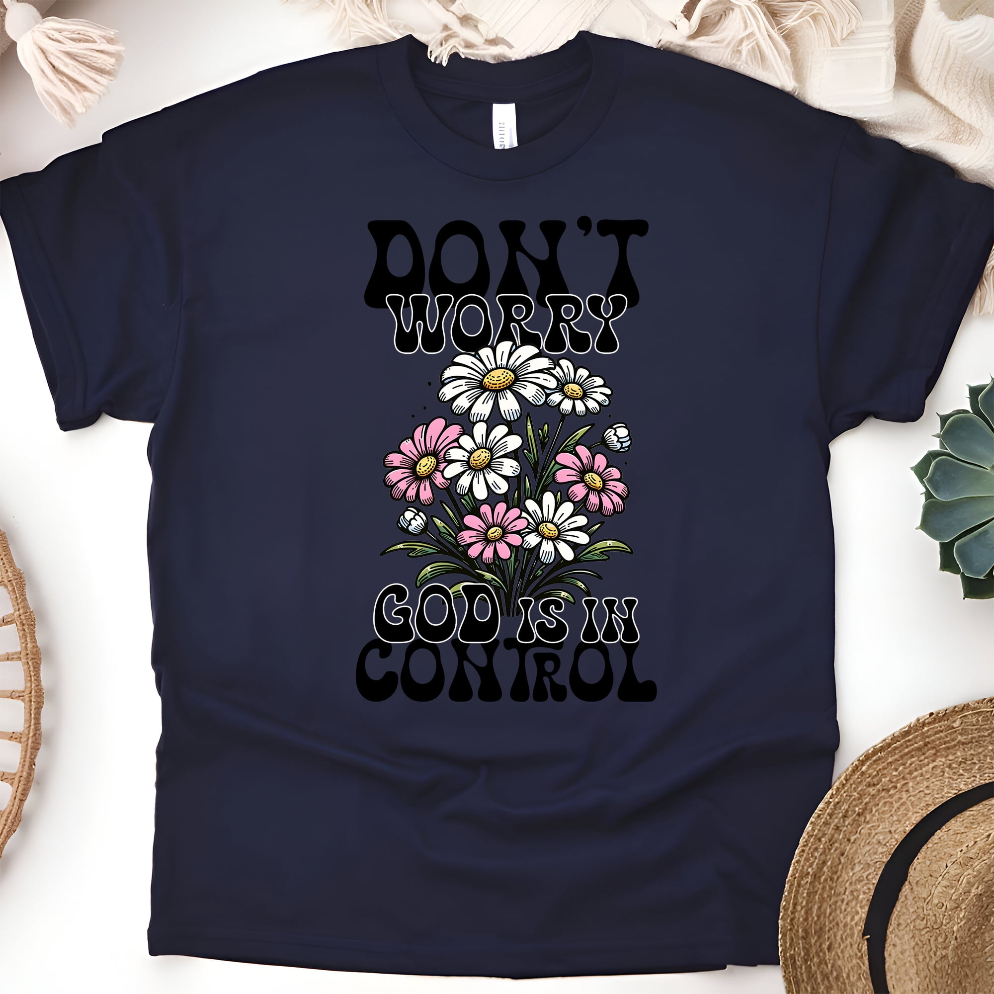 Christian Don’t Worry God Is in Control Floral Graphic T-Shirt, Navy ...