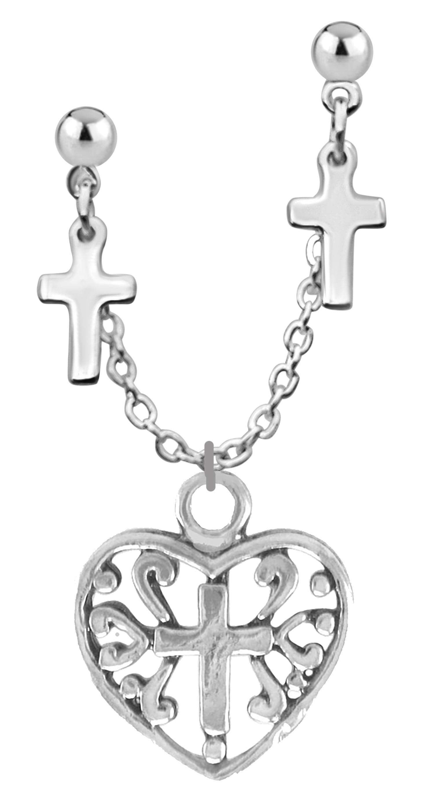 Christian Double Hole Earring, Beautiful Silvertone, Floral Heart With ...