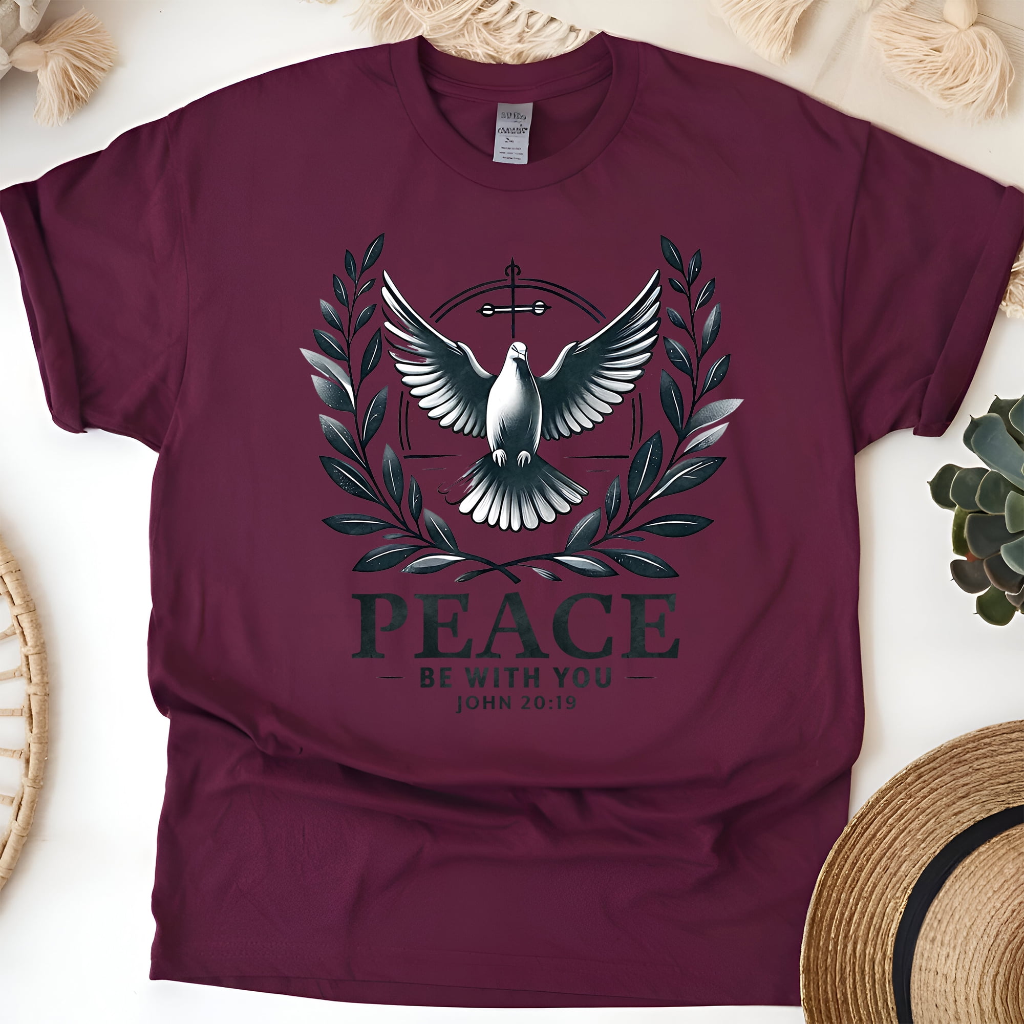 Christian Dove Graphic T-Shirt Peace Be With You John 20:19, Maroon ...