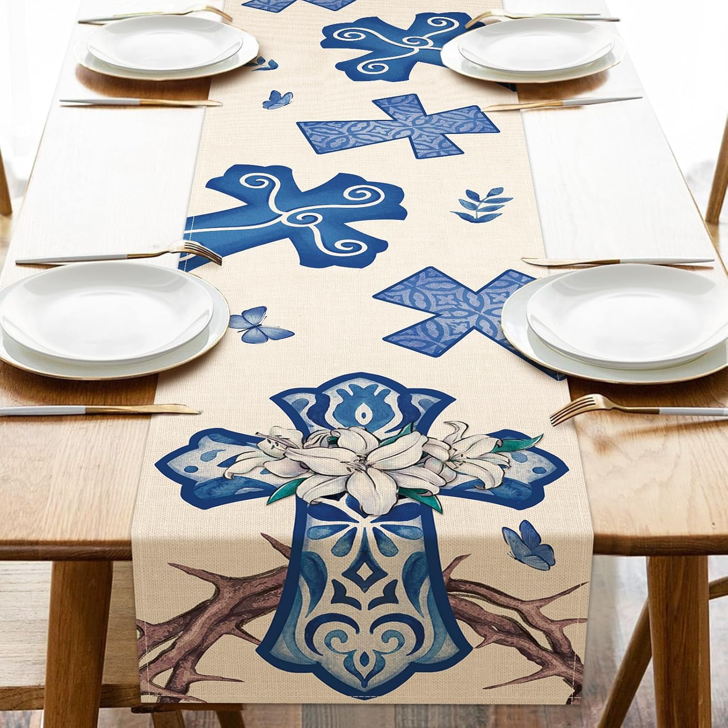 Christian Easter Cross Chinoiserie Table Runner, Religious Blue and ...