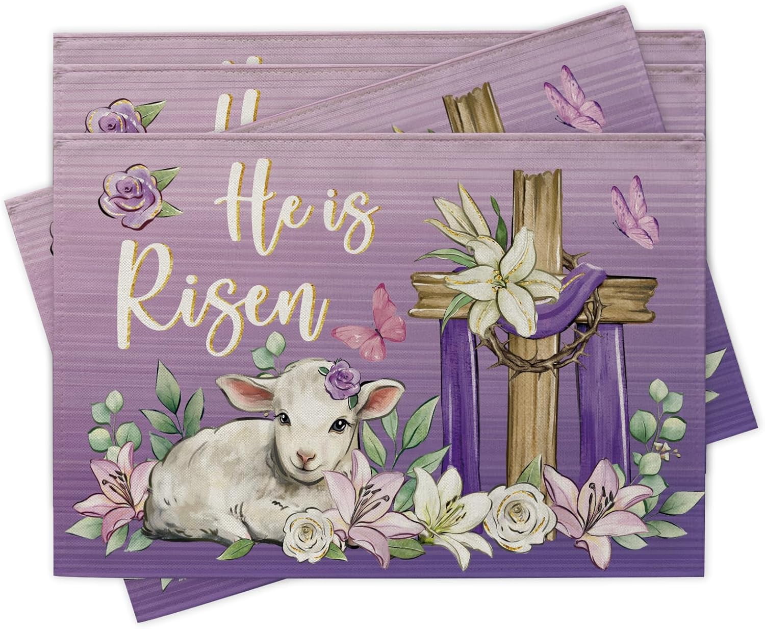 Christian Easter Cross Lamb Purple Placemats Set of 4, Religious He is ...
