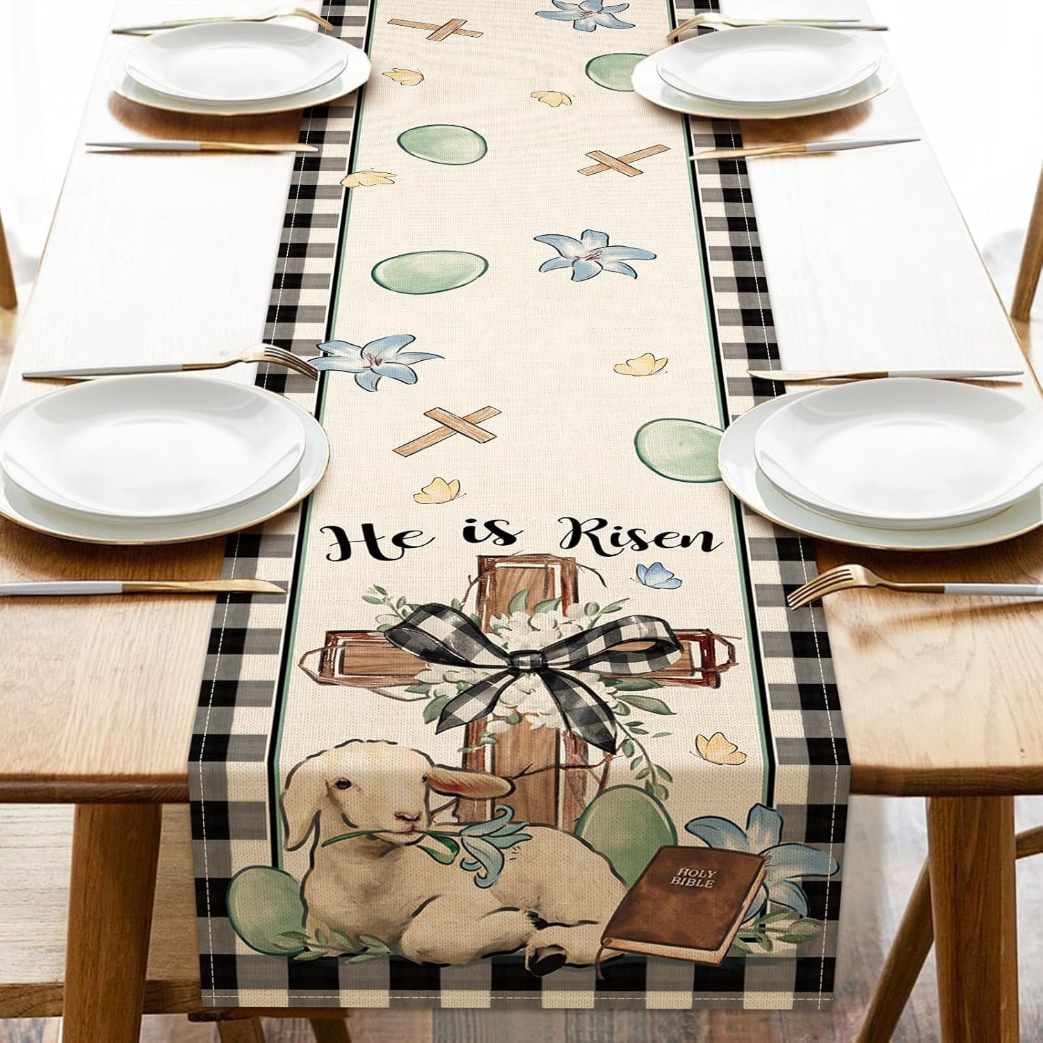 Christian Easter Cross Lamb Table Runner, Religious He is Risen Bible ...