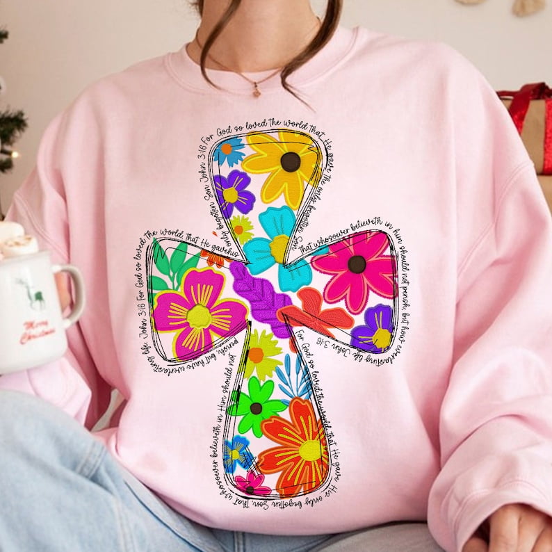 Christian Easter Spring Floral Embroidered JOHN 3 16 FOR GOD So Loved ...