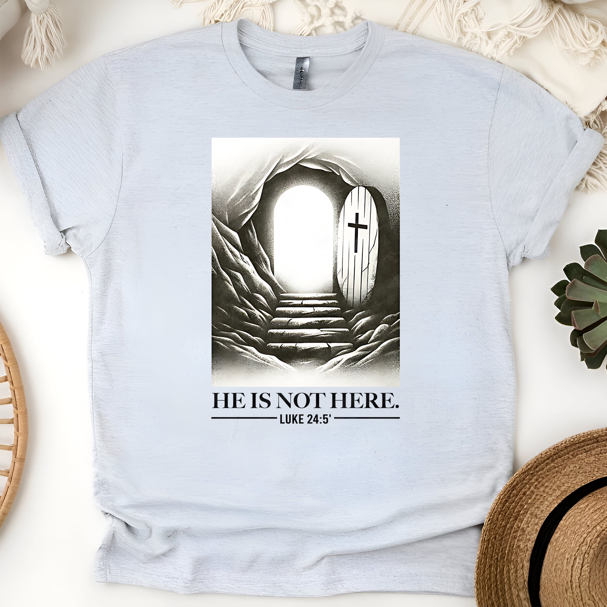 Christian Empty Tomb Graphic T-Shirt He Is Not Here Luke 24:5, Ash ...