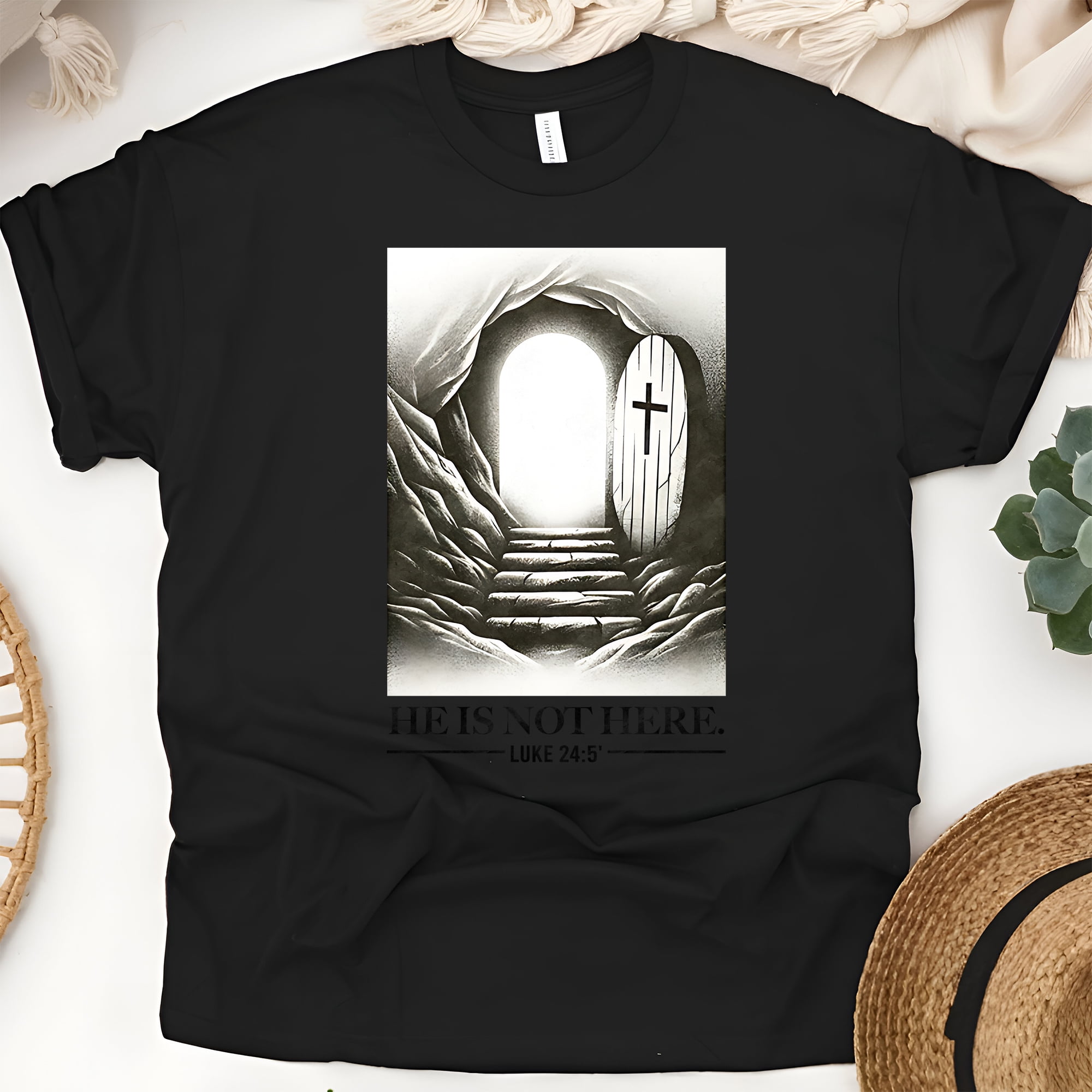 Christian Empty Tomb Graphic T-Shirt He Is Not Here Luke 24:5, Black ...