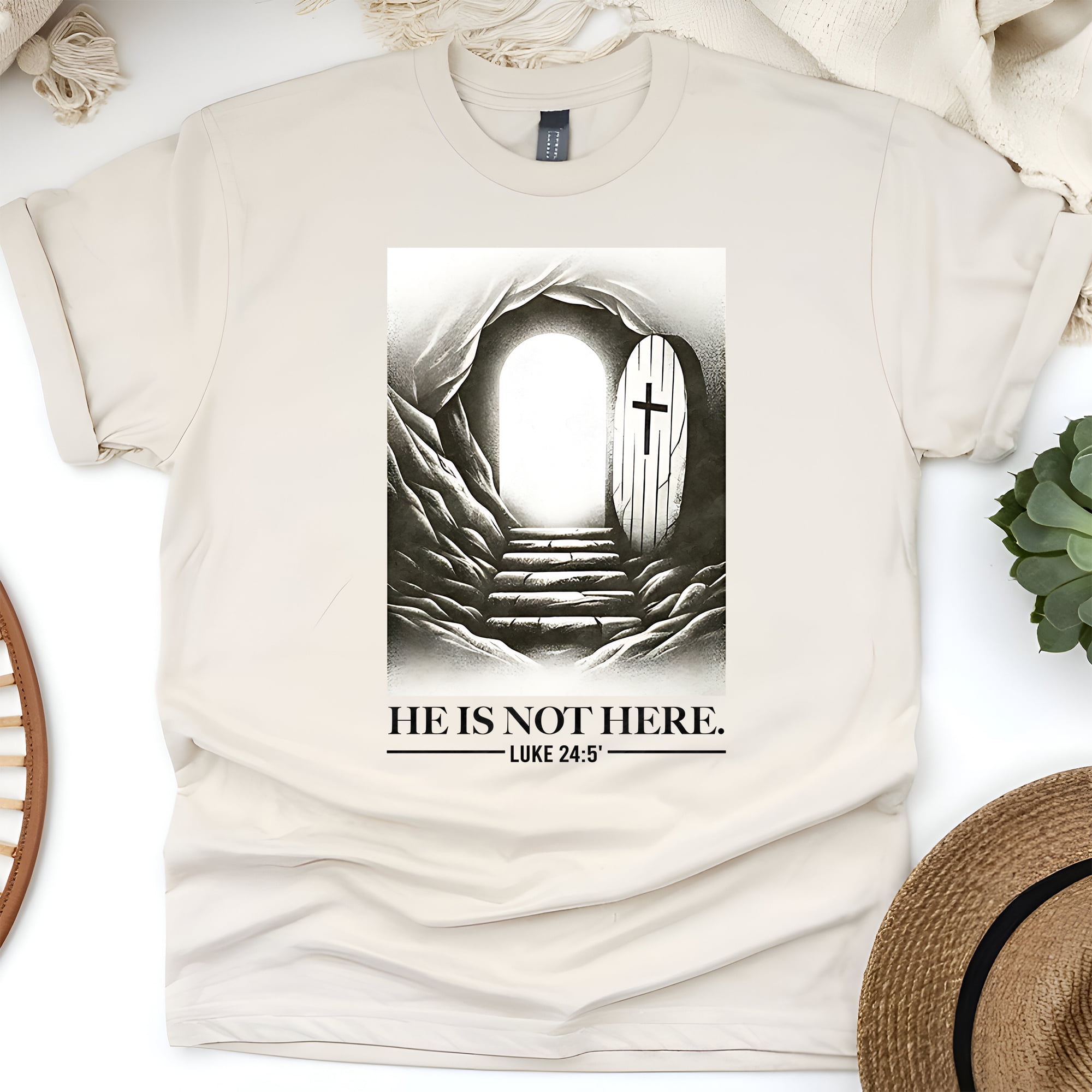 Christian Empty Tomb Graphic T-Shirt He Is Not Here Luke 24:5, Natural ...