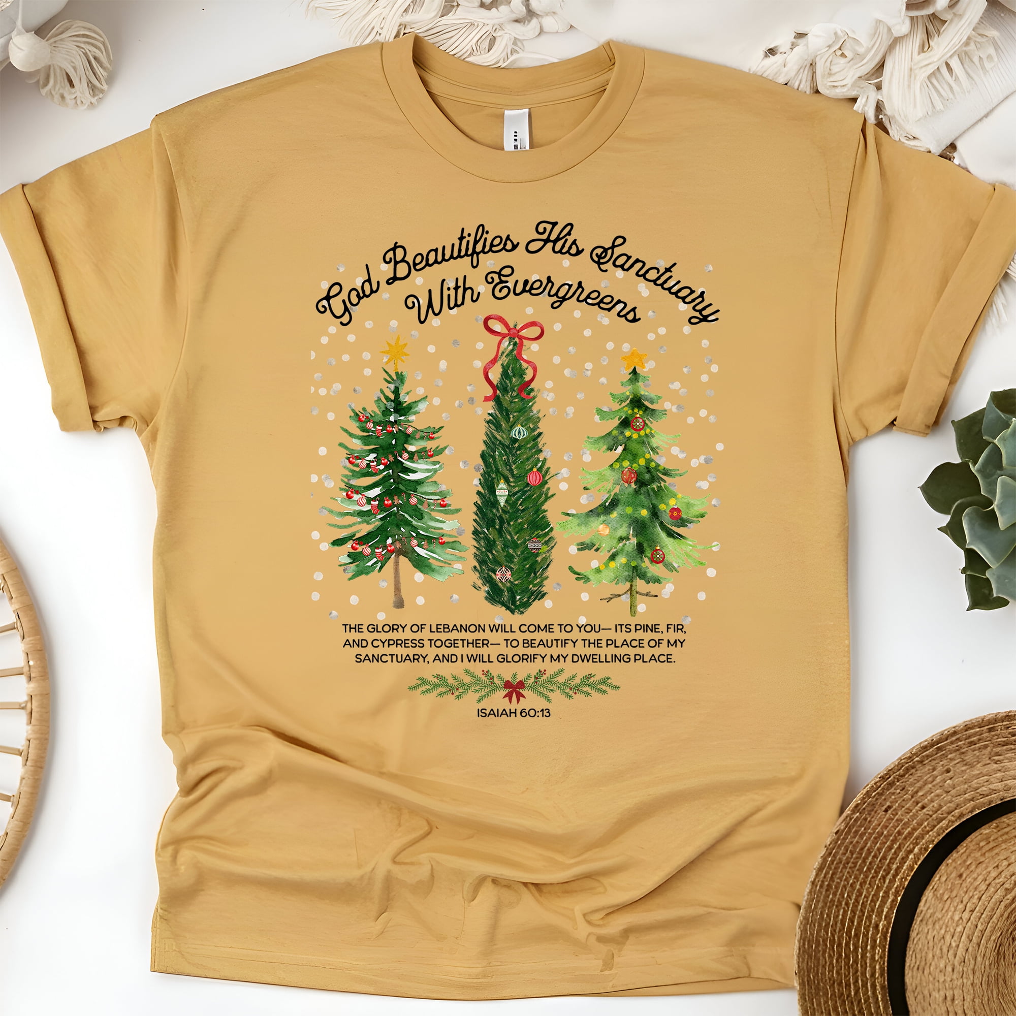 Christian Evergreen Trees T-Shirt with Bible Verse Isaiah 60:13, Gold ...