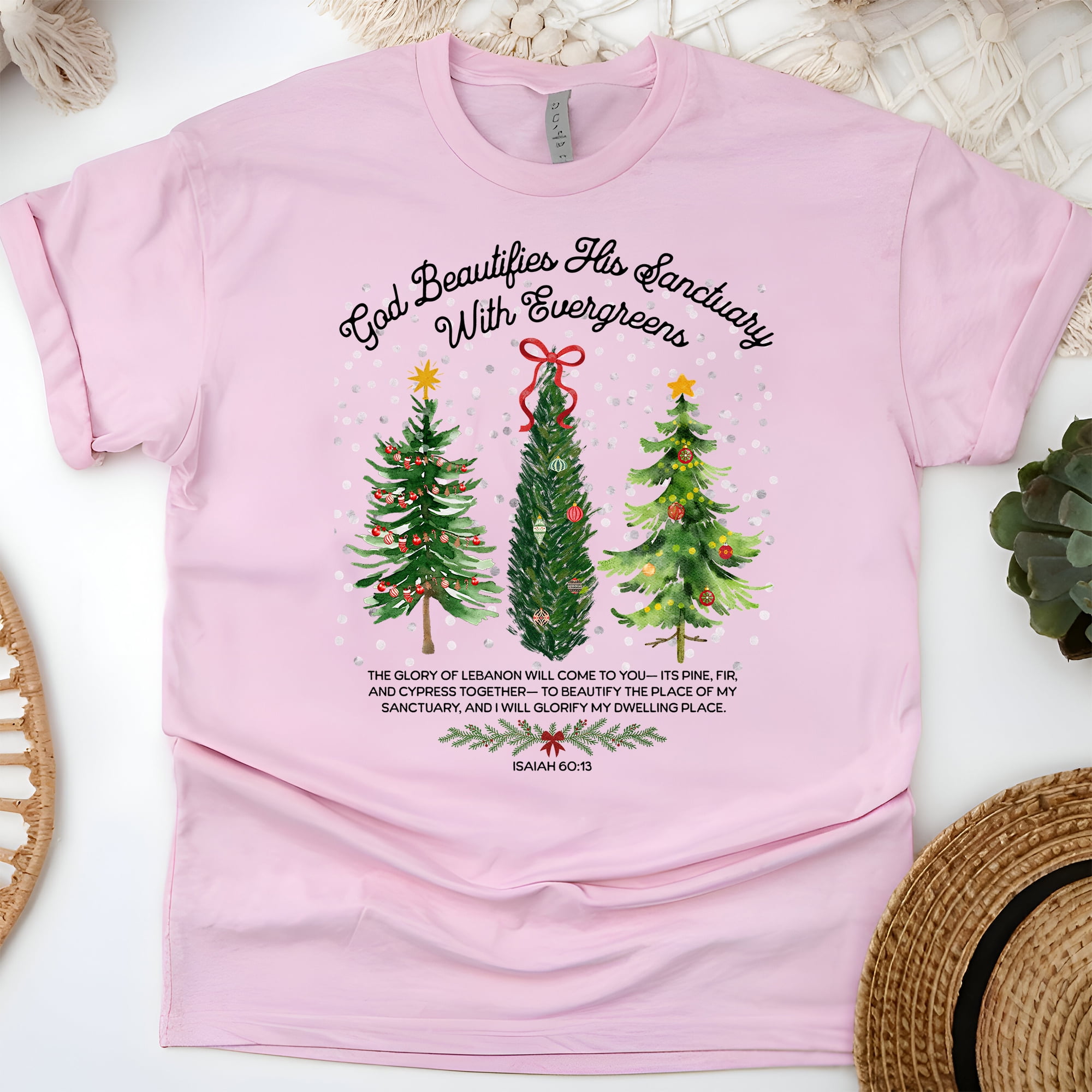 Christian Evergreen Trees T-Shirt with Bible Verse Isaiah 60:13, Light ...