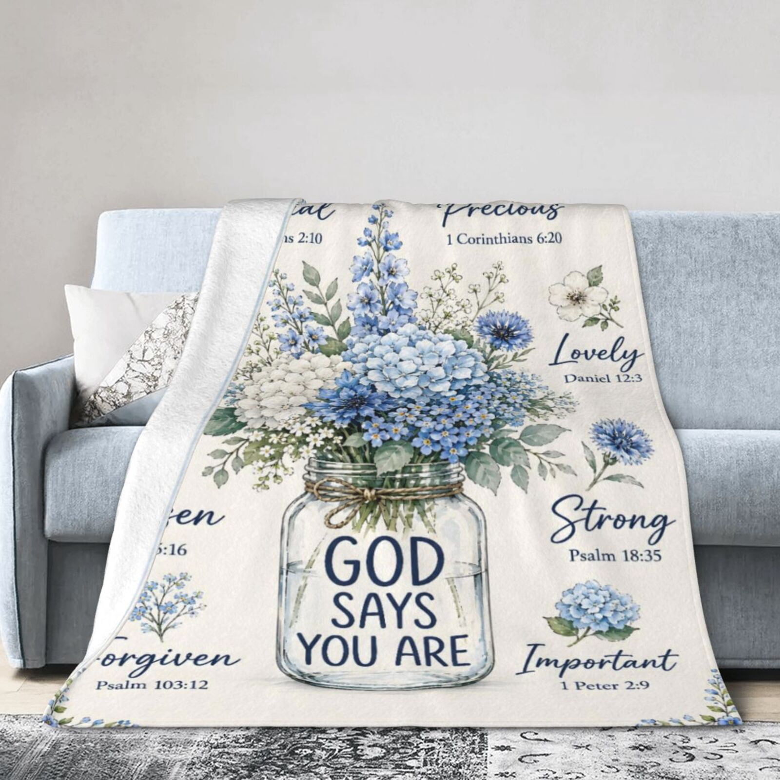 Christian Faith Blanket Gift Throw Blanket Blue Floral Mason Jar ...