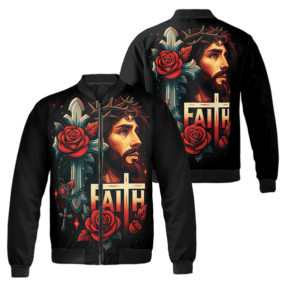 Christian Faith Bomber Jacket – Jesus Christ Cross & Rose Graphic, Zip ...