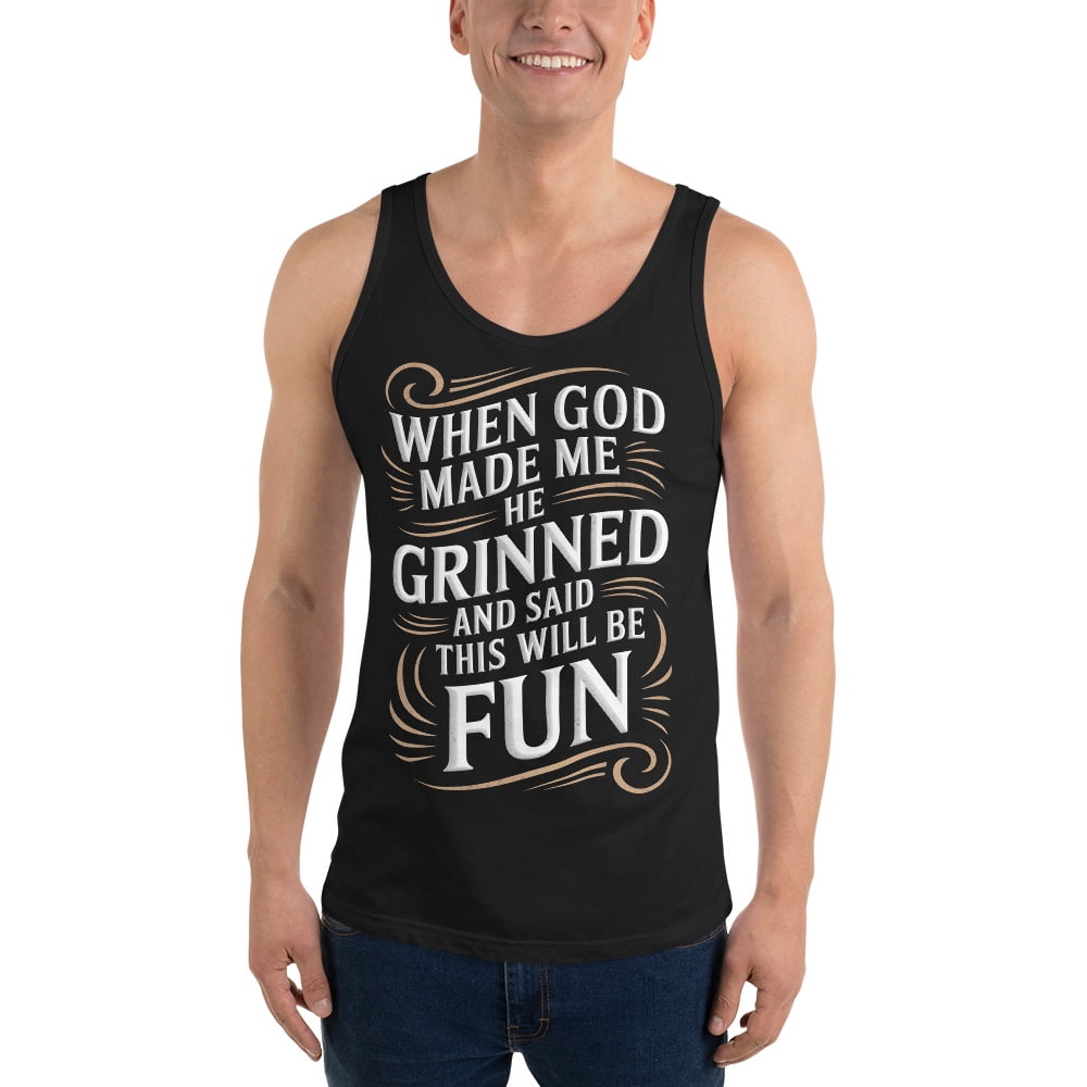 Christian Faith Church Bible Jesus Christ Men's Tank Top, When God Made Me He Grinned and Said ...