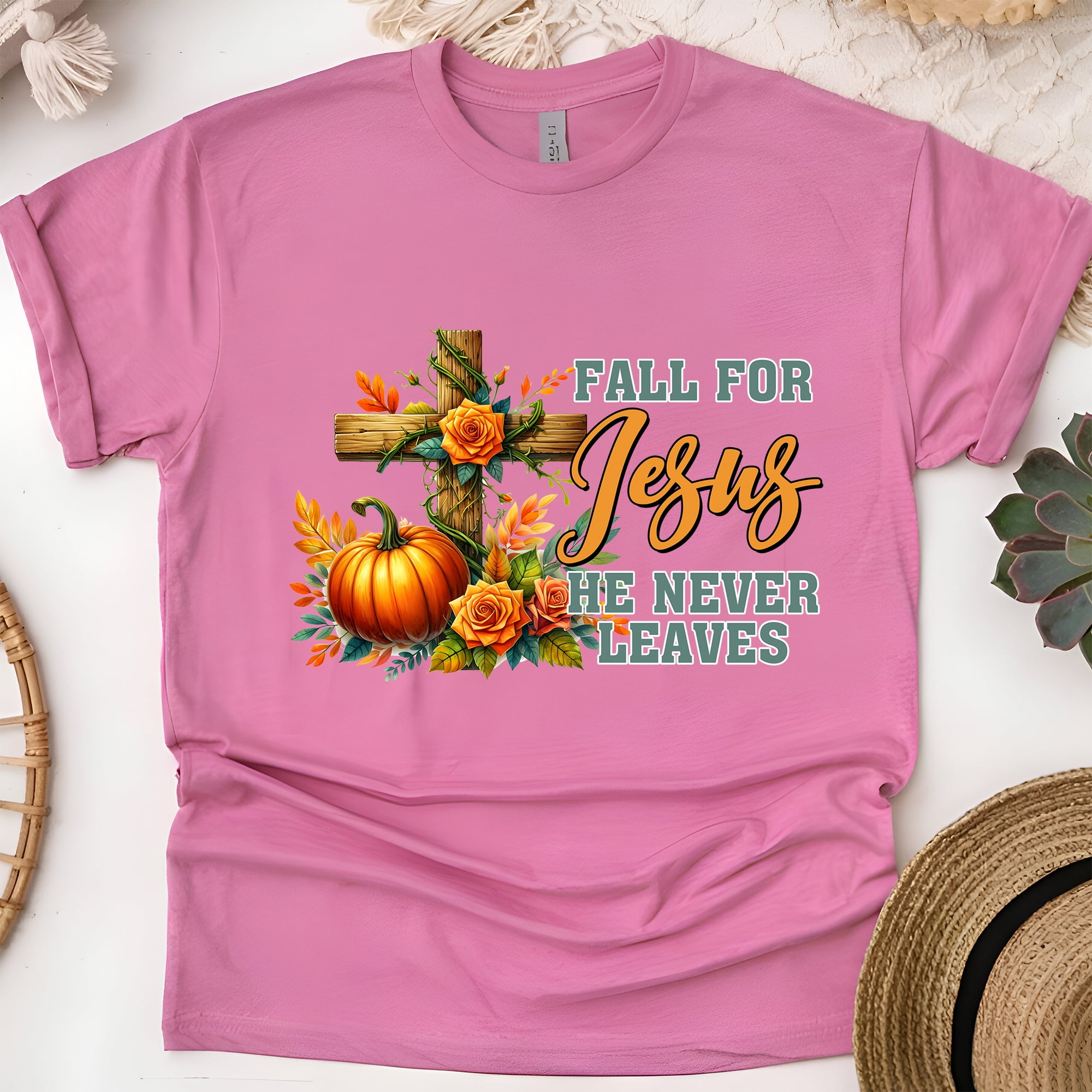 Christian Fall for Jesus He Never Leaves Cross and Pumpkin T-Shirt ...