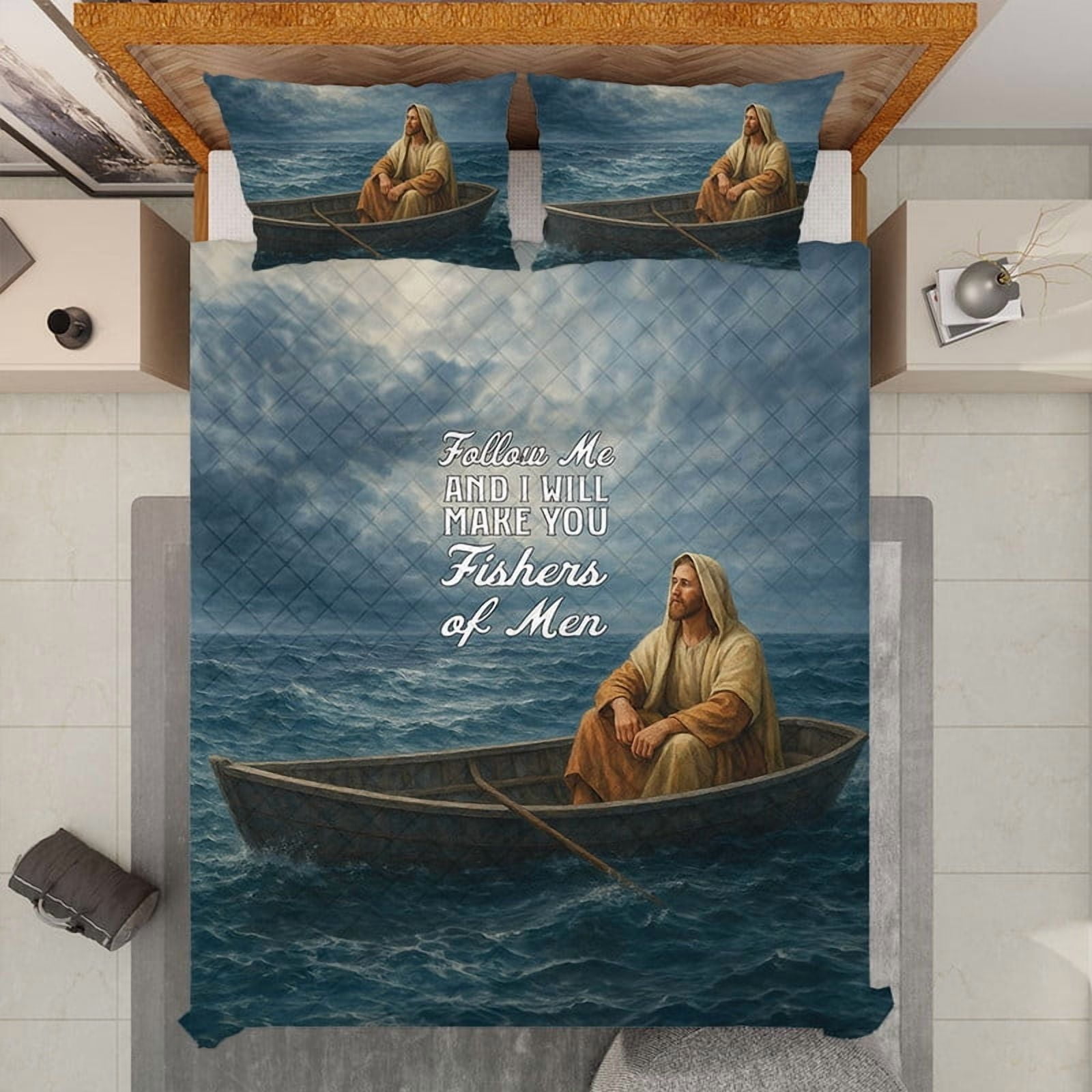Christian Fisher Follow Me Quilt Bedding Set - Jesus in Boat with ...