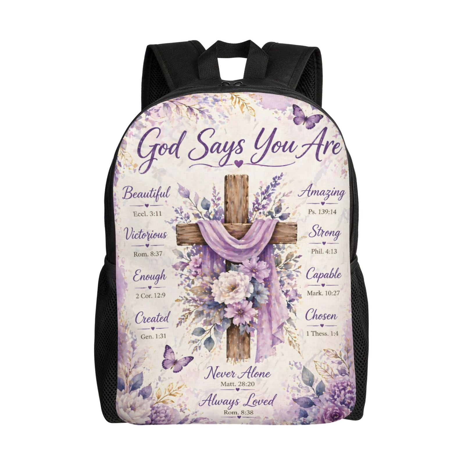 Christian Floral Cross Butterfly Backpack Full Front Print Travel ...