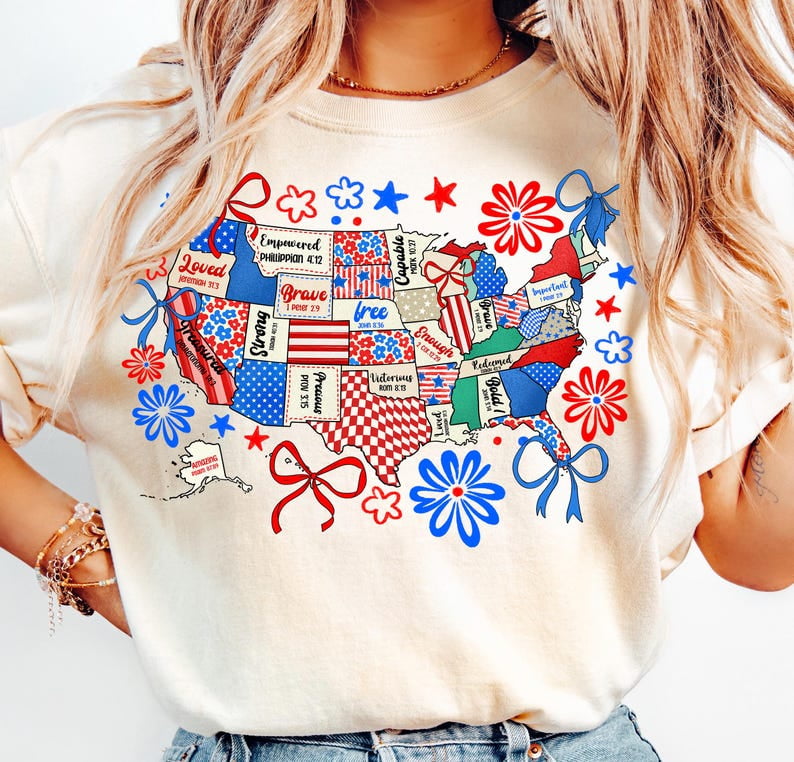 Christian Floral USA Map T-Shirt, Bible Verse Coquette Tee, Patriotic ...