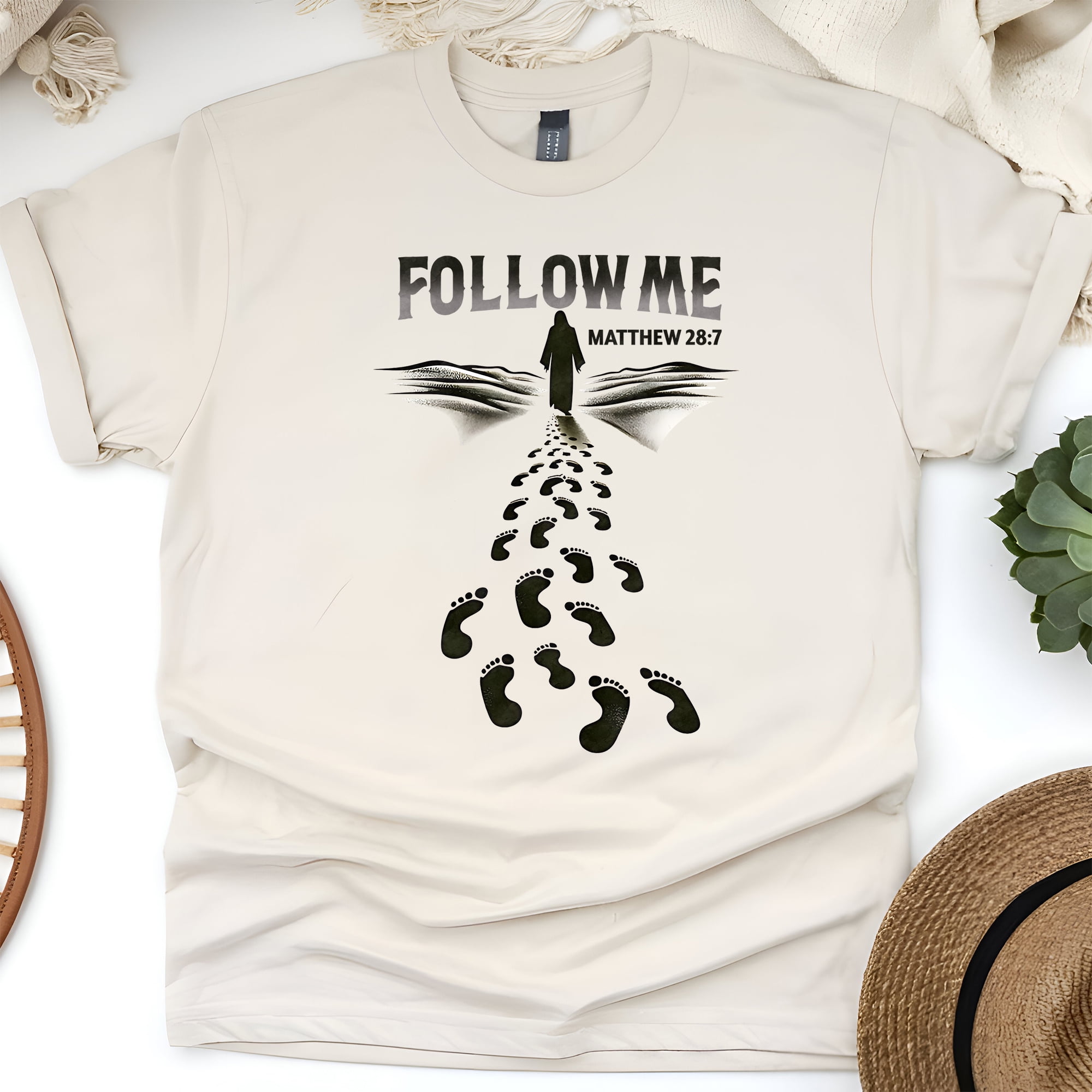 Christian Footsteps Graphic T-Shirt Follow Me Matthew 28:7, Natural ...