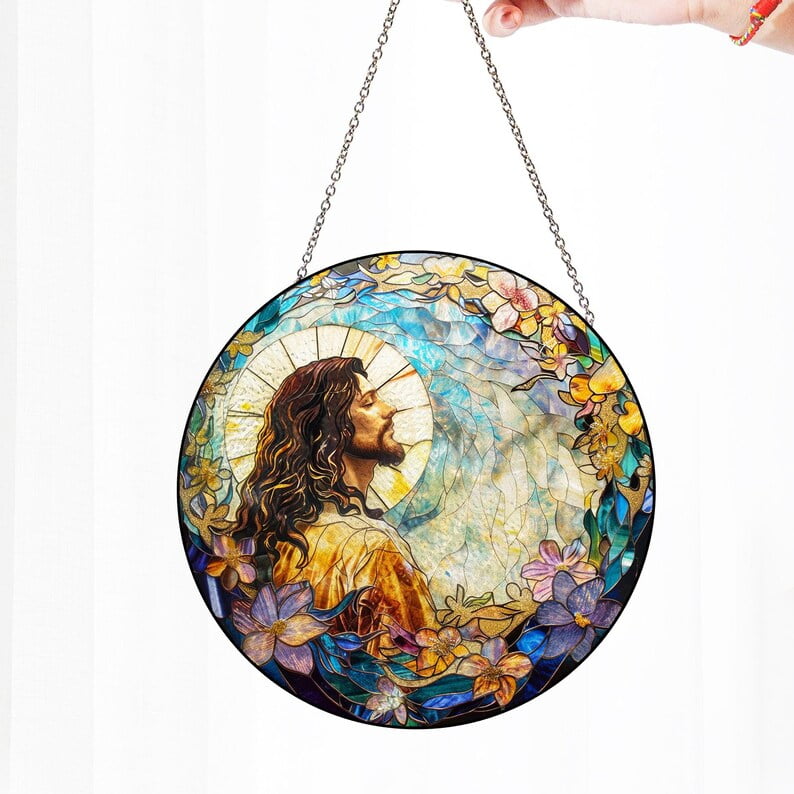 Christian Glass Window Hanging, Jesus Portrait Suncatcher Glass Window ...