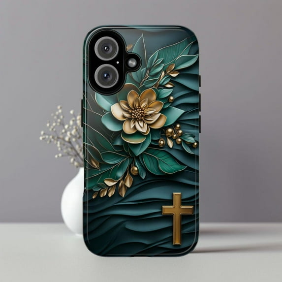 Christian Gold Cross and Botanical Floral Design Phone Case 11 12 13 14 ...
