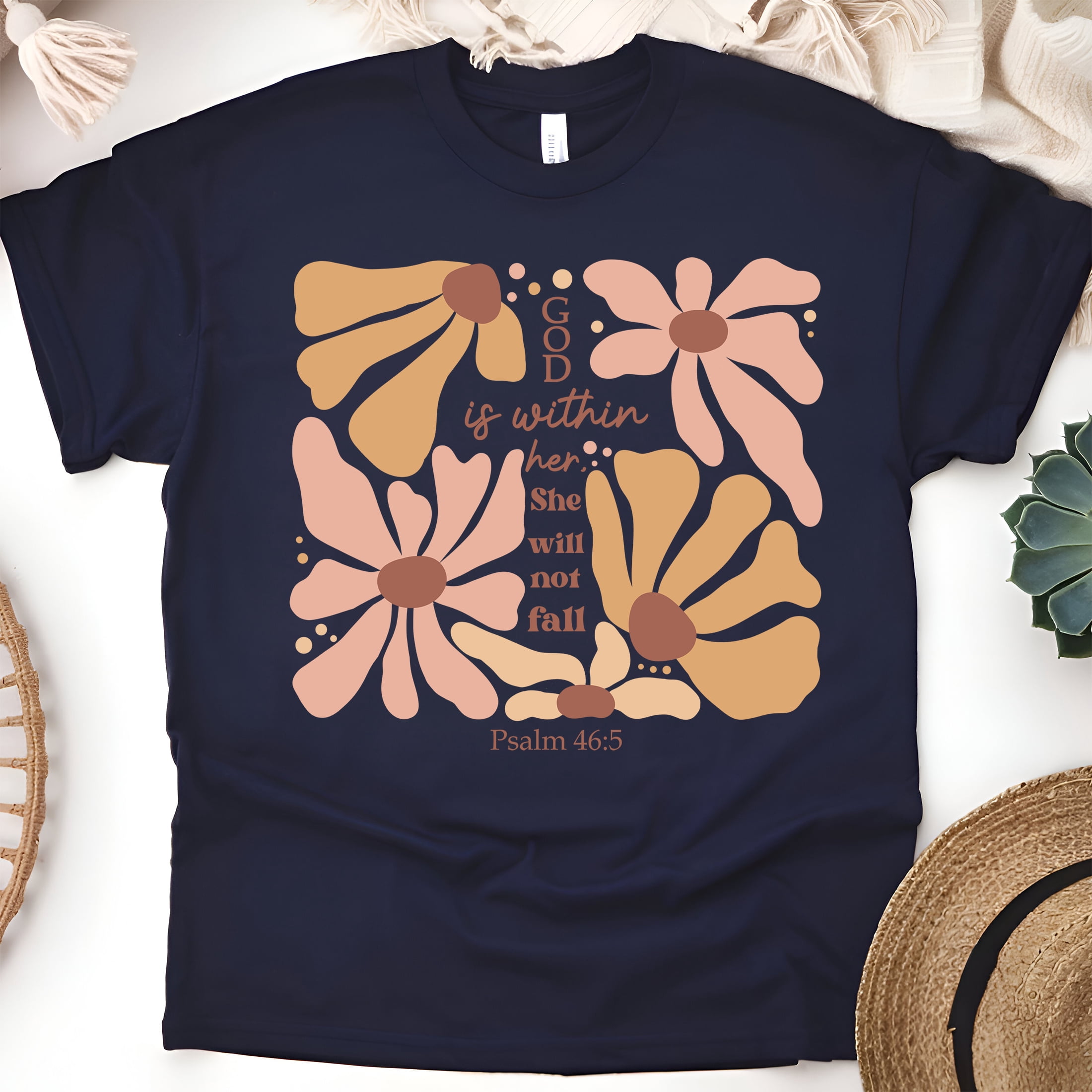 Christian Graphic T-Shirt God Is Within Her Psalm 46:5 for Women, Navy ...