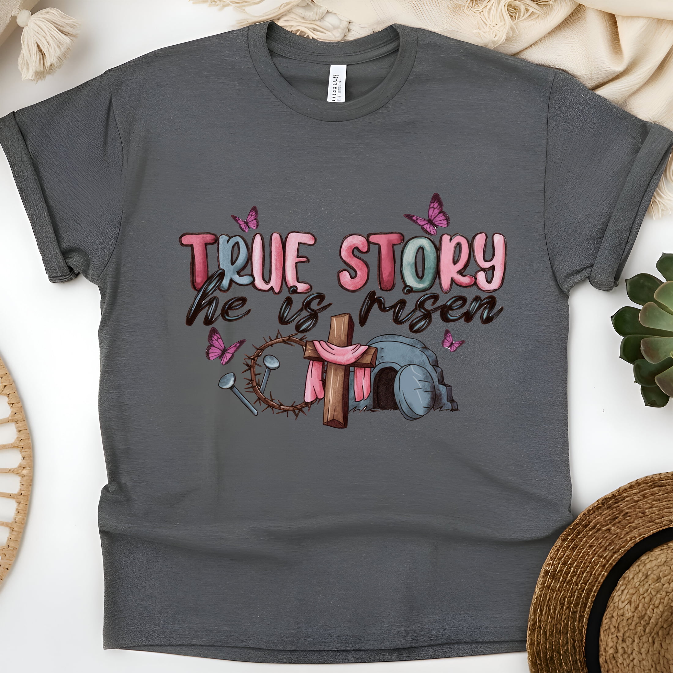 Christian Graphic T-Shirt, True Story He Is Risen Cross Crown Design ...