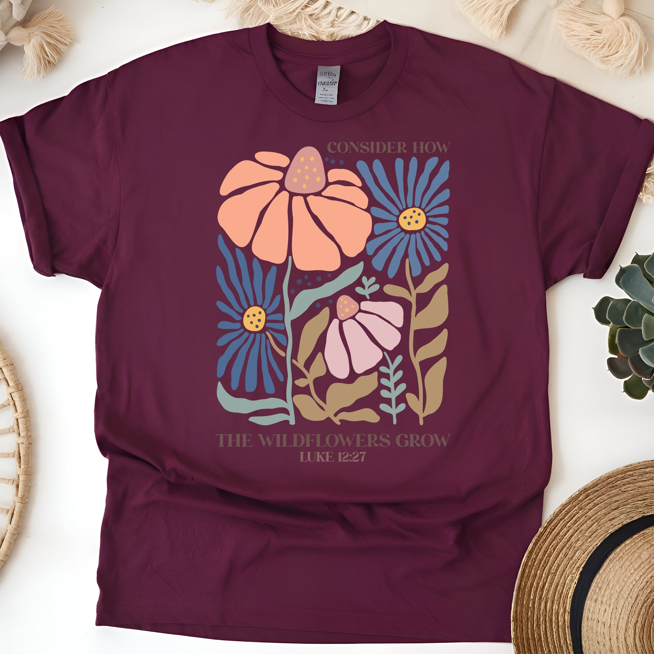 Christian Graphic T-Shirt Wildflower Bible Verse Luke 12:27 for Women ...