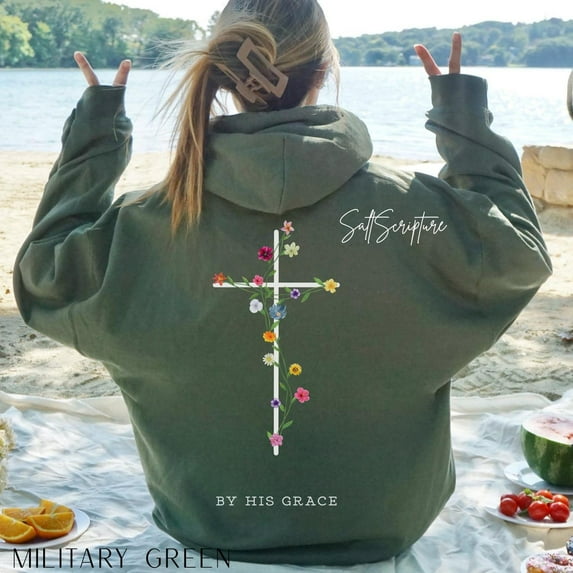 Christian Hoodie, Jesus Hoodie with Words on Back, Floral Cross, By His ...