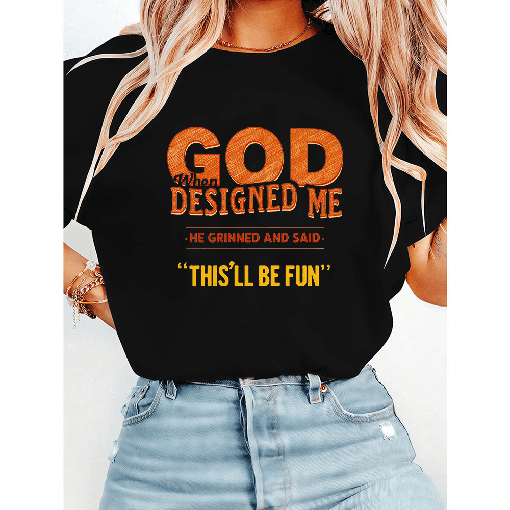 Christian Humorous T-Shirt - God Grinned Quote Print Short Sleeve Tee ...