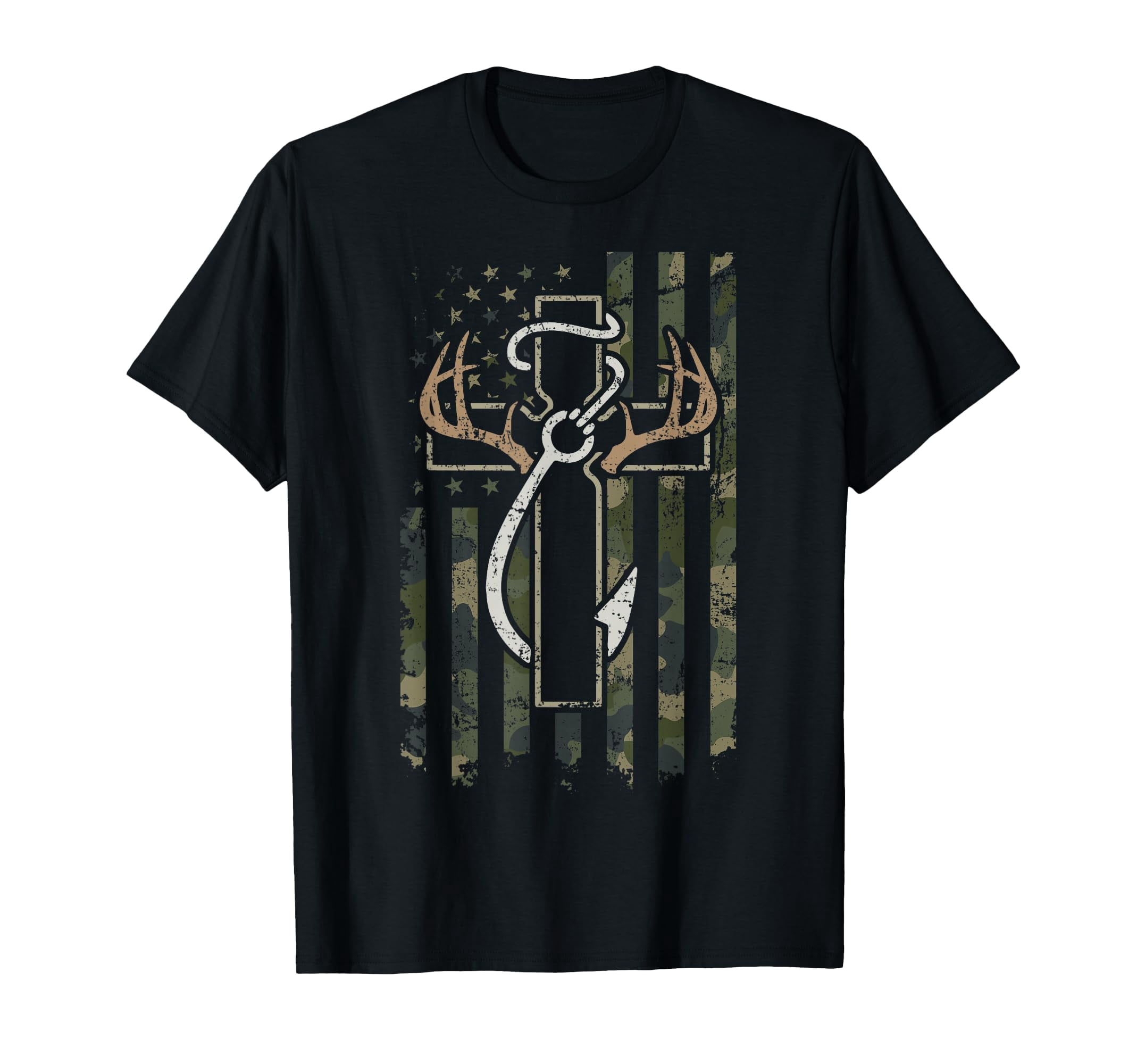 Christian Hunter Fisherman Camo USA T-Shirt with Hook and Antlers on ...