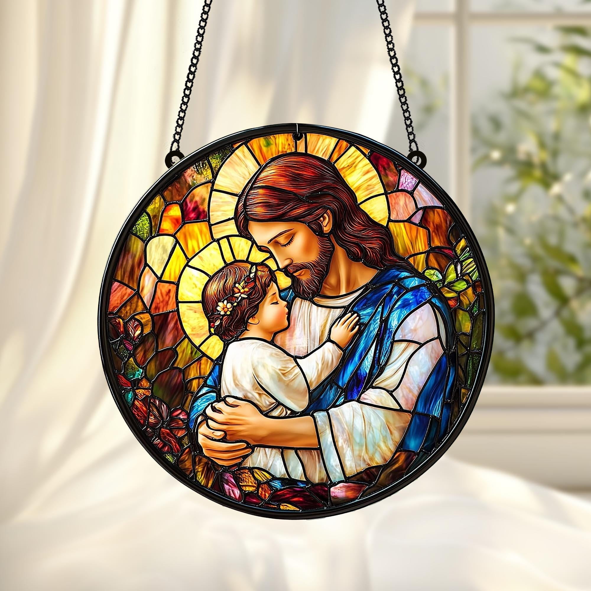 Christian Jesus & Children Acrylic Suncatcher, Faux Stained Glass ...