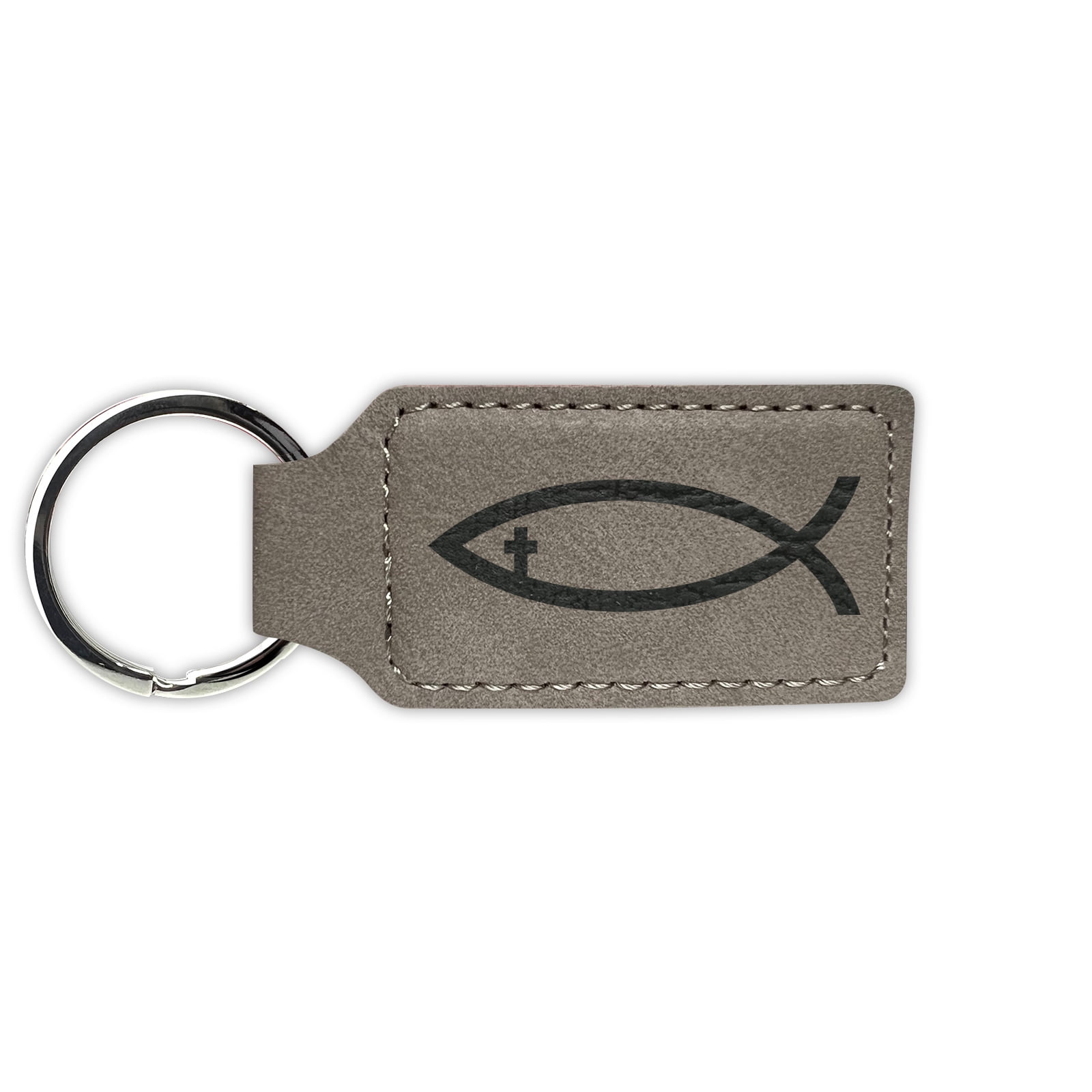 Christian Jesus Fish Cross Keychain Leatherette Rectangle - Laser ...
