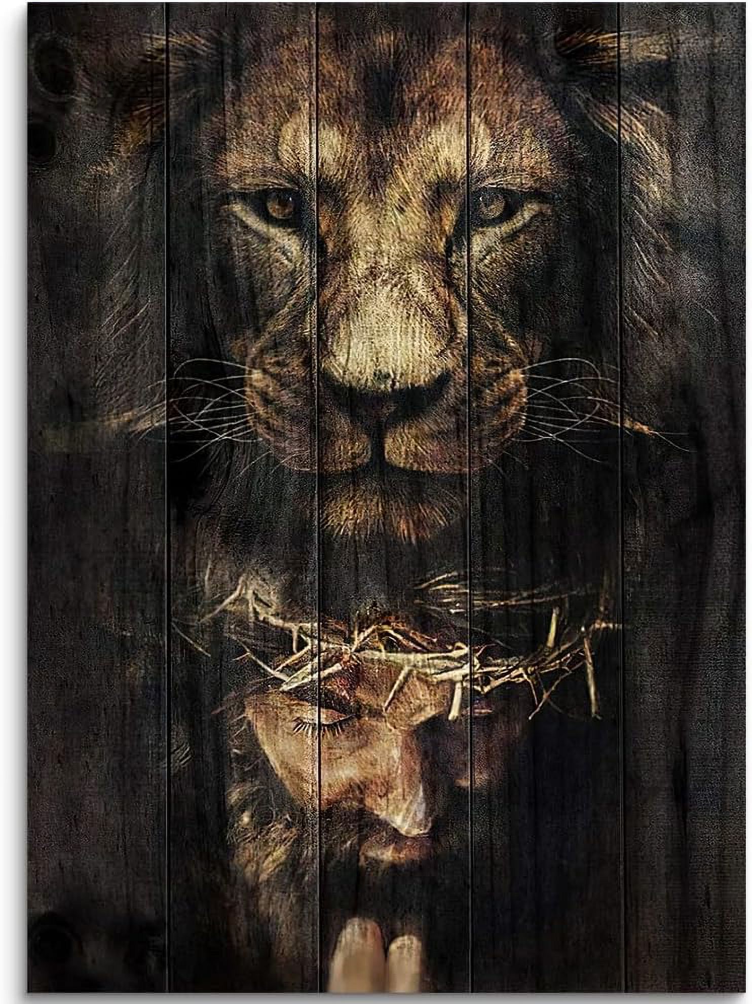 Christian Jesus Lion Face Canvas Wall Art Vintage Wood Lion King Jesus ...