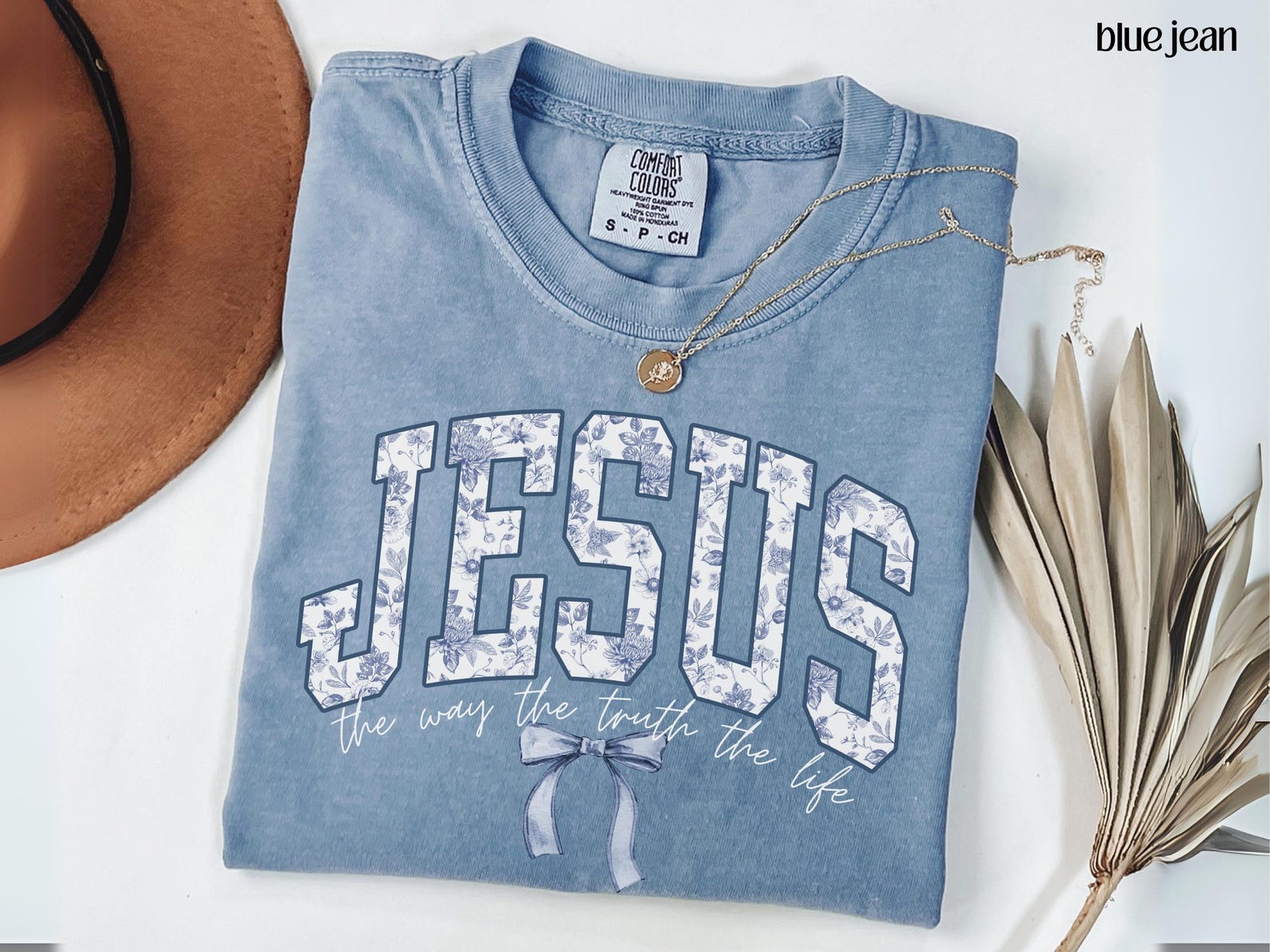 Christian Jesus Shirt, Blue Floral Bow Bible Verse Tshirt, Trendy Faith ...