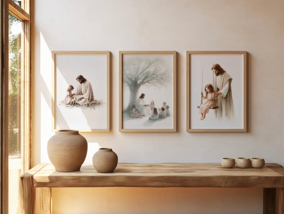 Christian Jesus Teaching Children Neutral Nursery Decor Set 3 Unframed ...