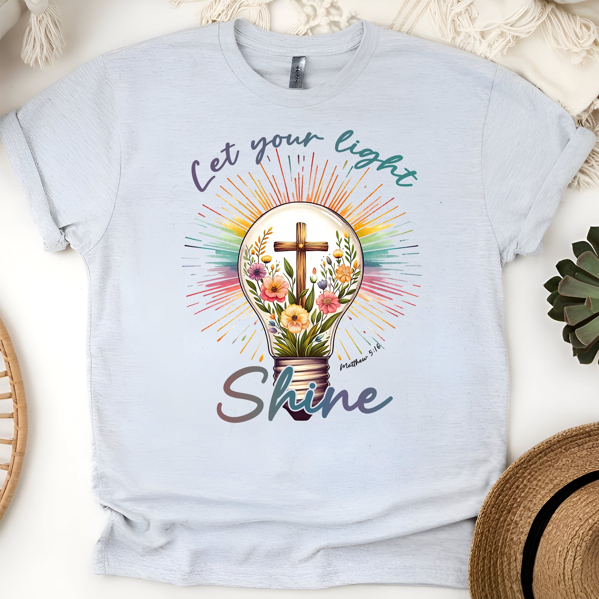 Christian Light Bulb Graphic T-Shirt Let Your Light Shine, Ash, Size ...