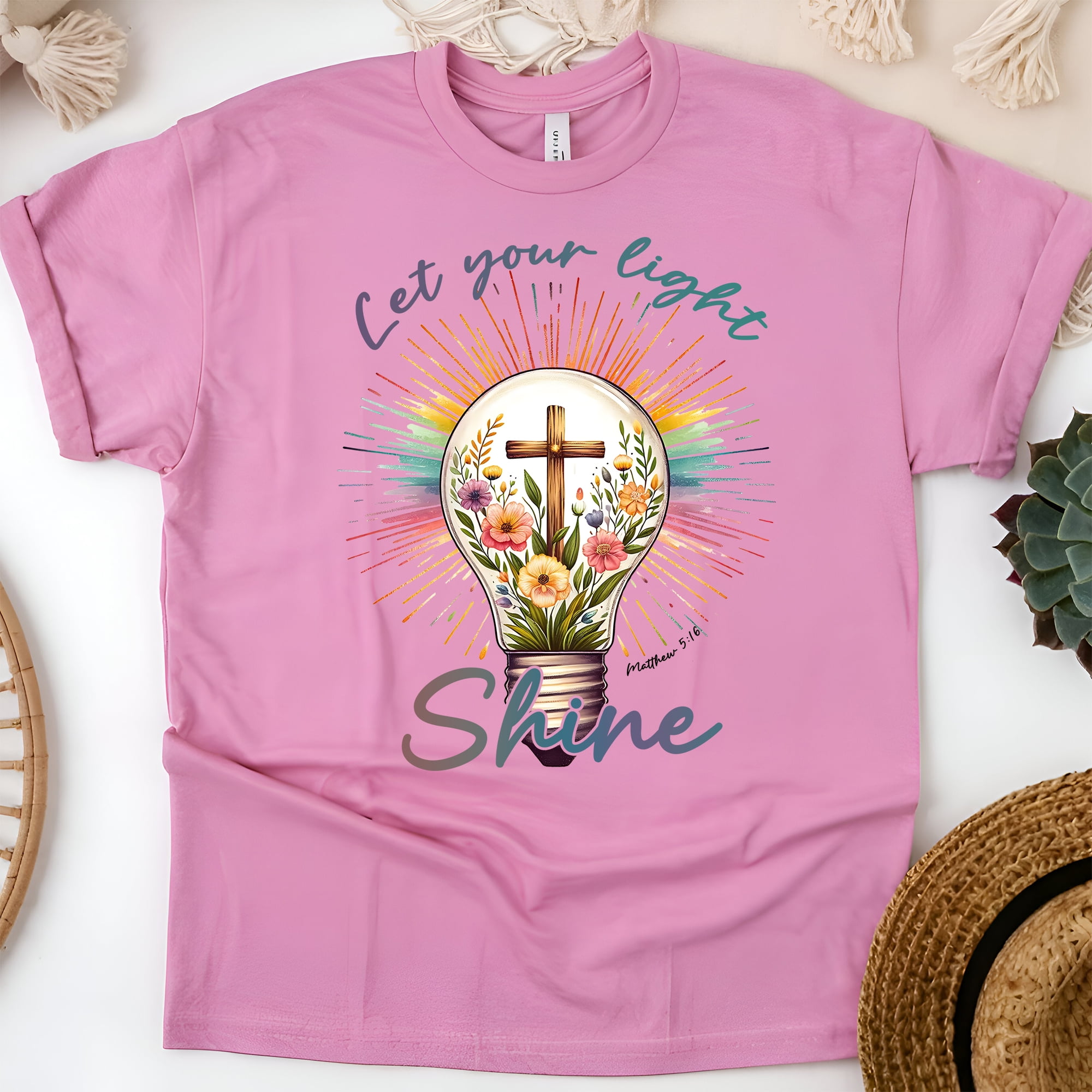 Christian Light Bulb Graphic T-Shirt Let Your Light Shine, Azalea, Size ...