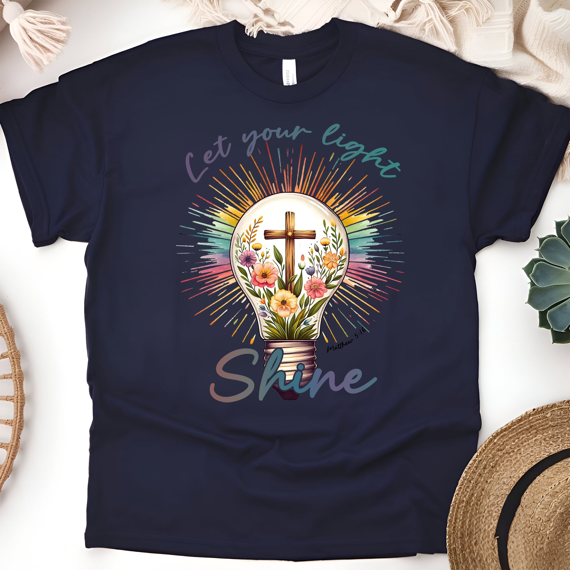 Christian Light Bulb Graphic T-Shirt Let Your Light Shine, Navy, Size L ...