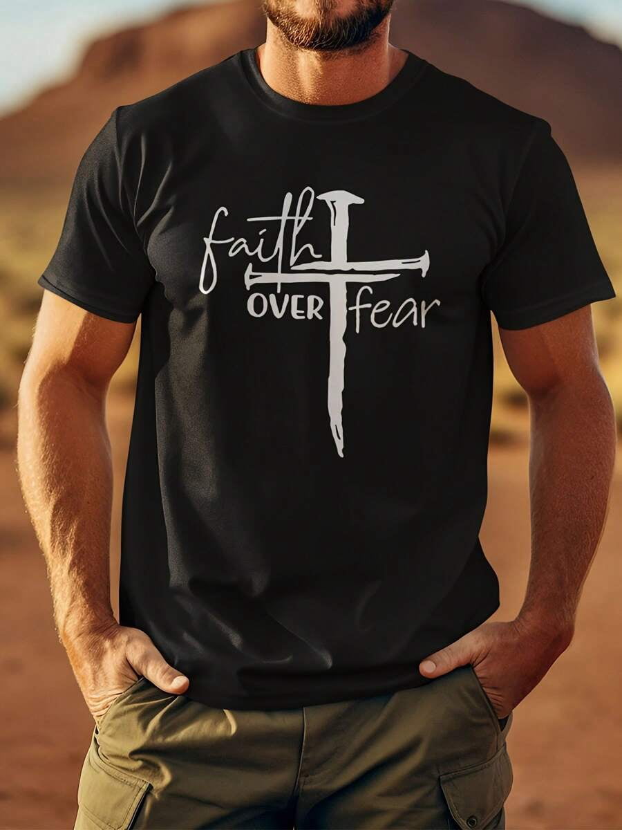 Christian Men's T-Shirt, Faith Over Fear Cross Nail Graphic Casual Tee ...