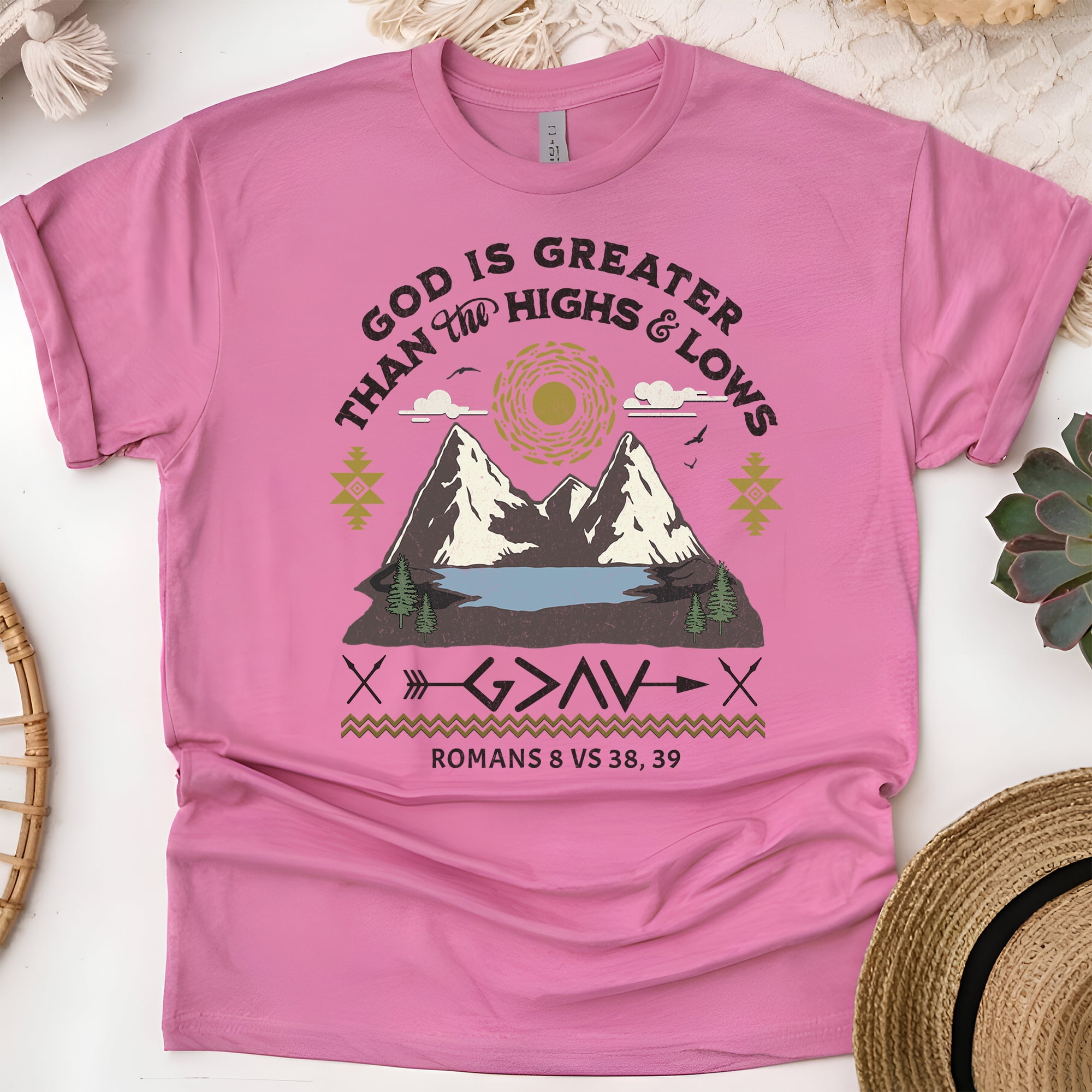 Christian Mountain T-Shirt with God Is Greater Graphic Romans 8 ...