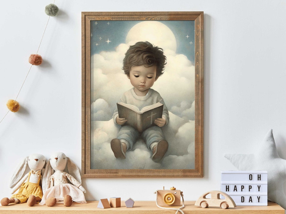 Christian Nursery Wall Art, Bible Wall Art For Kids, Little Boy Reading ...