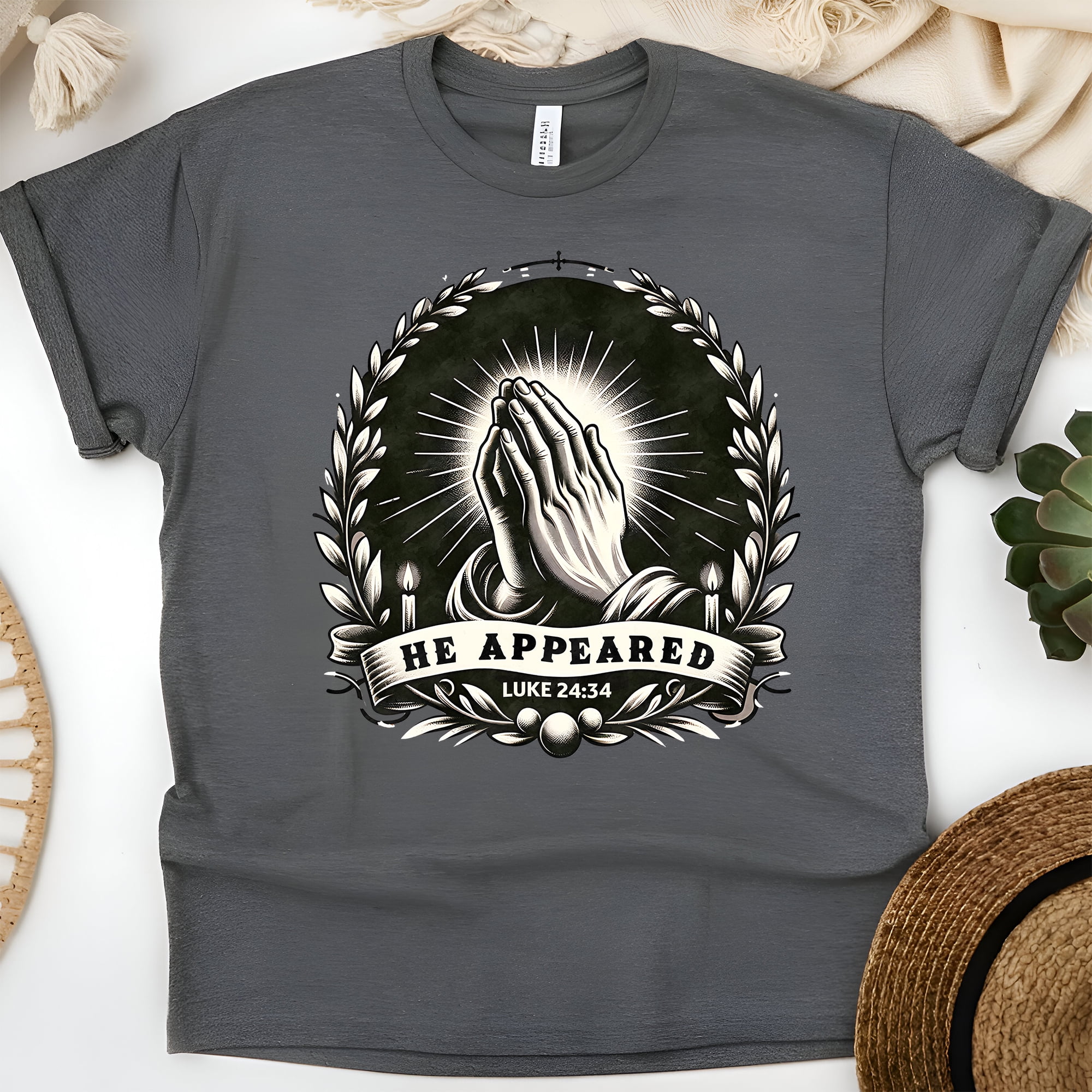 Christian Prayer Hands Graphic T-Shirt He Appeared Luke 24:34, Dark ...