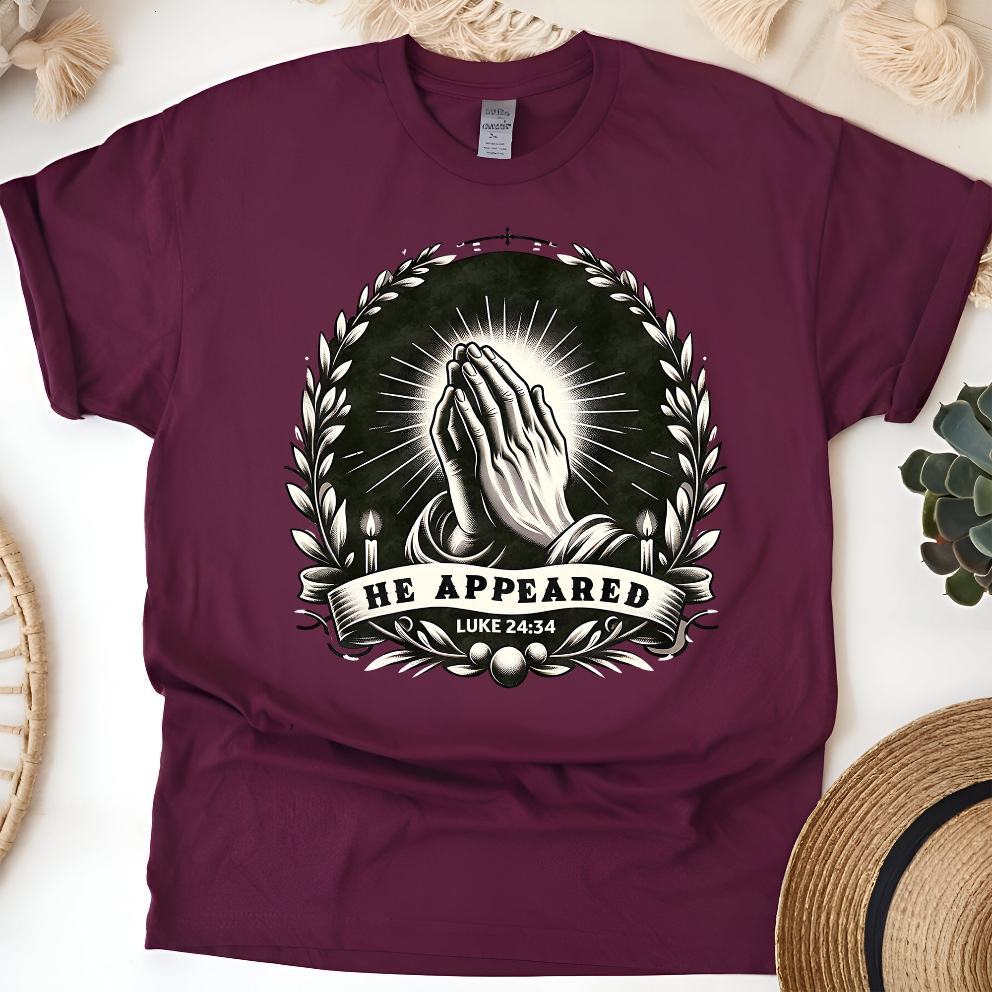 Christian Prayer Hands Graphic T-Shirt He Appeared Luke 24:34, Maroon ...