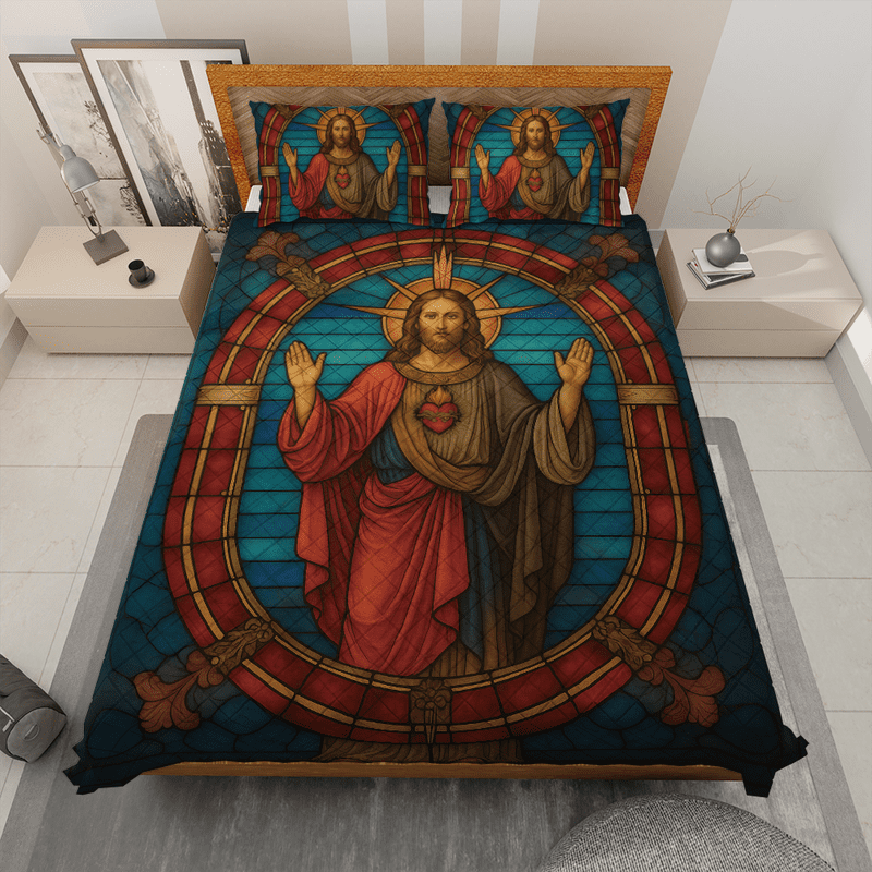 Christian Quilt Bedding Set – Sacred Heart of Jesus Stained Glass Quilt ...