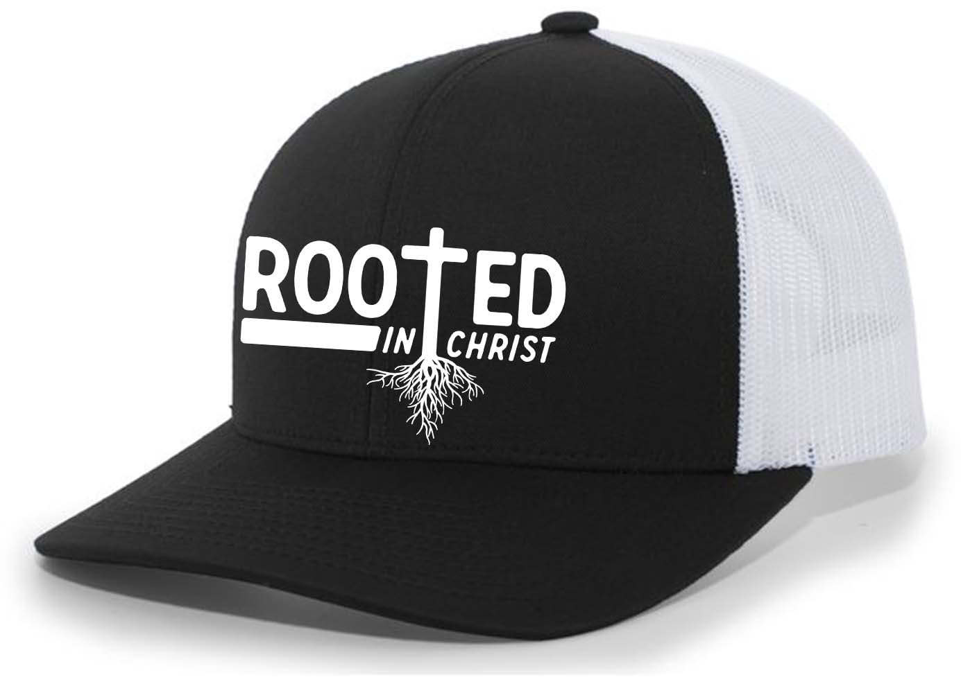 Christian Rooted In Christ Cross Mens Embroidered Mesh Back Trucker Hat ...