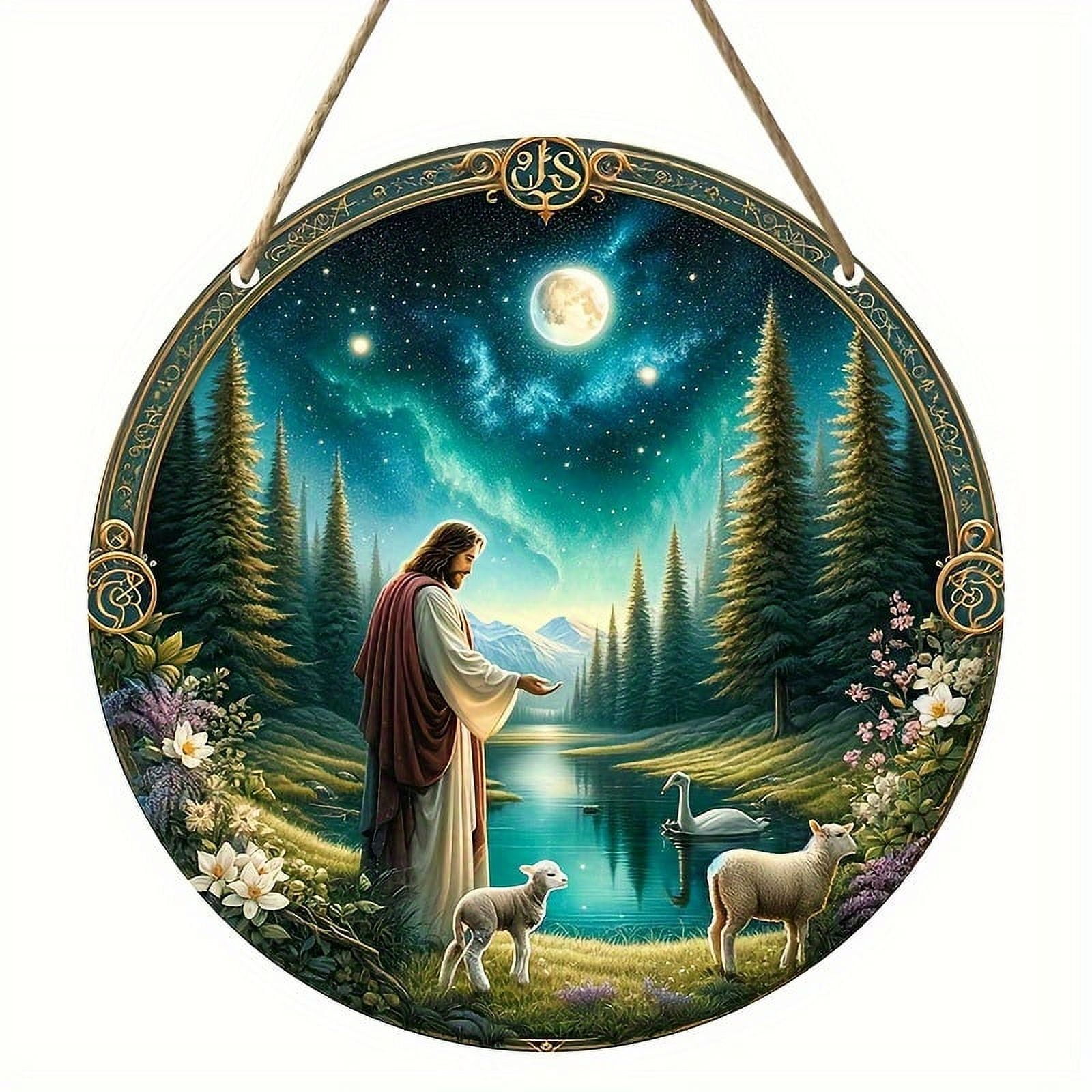 Christian Round Wooden Hanging Sign, Jesus And The Lamb Wooden Hanging ...