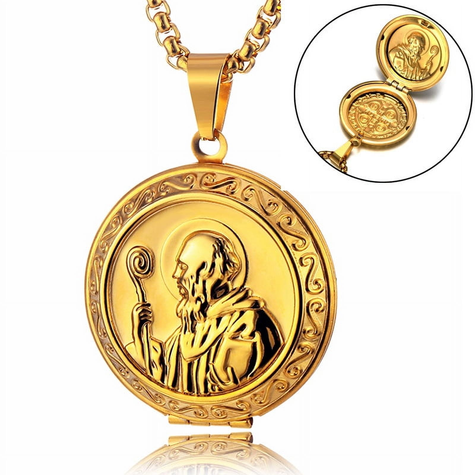 Christian Saint Benedict 14K Yellow Gold Photo Box Pendant Men's Amulet ...