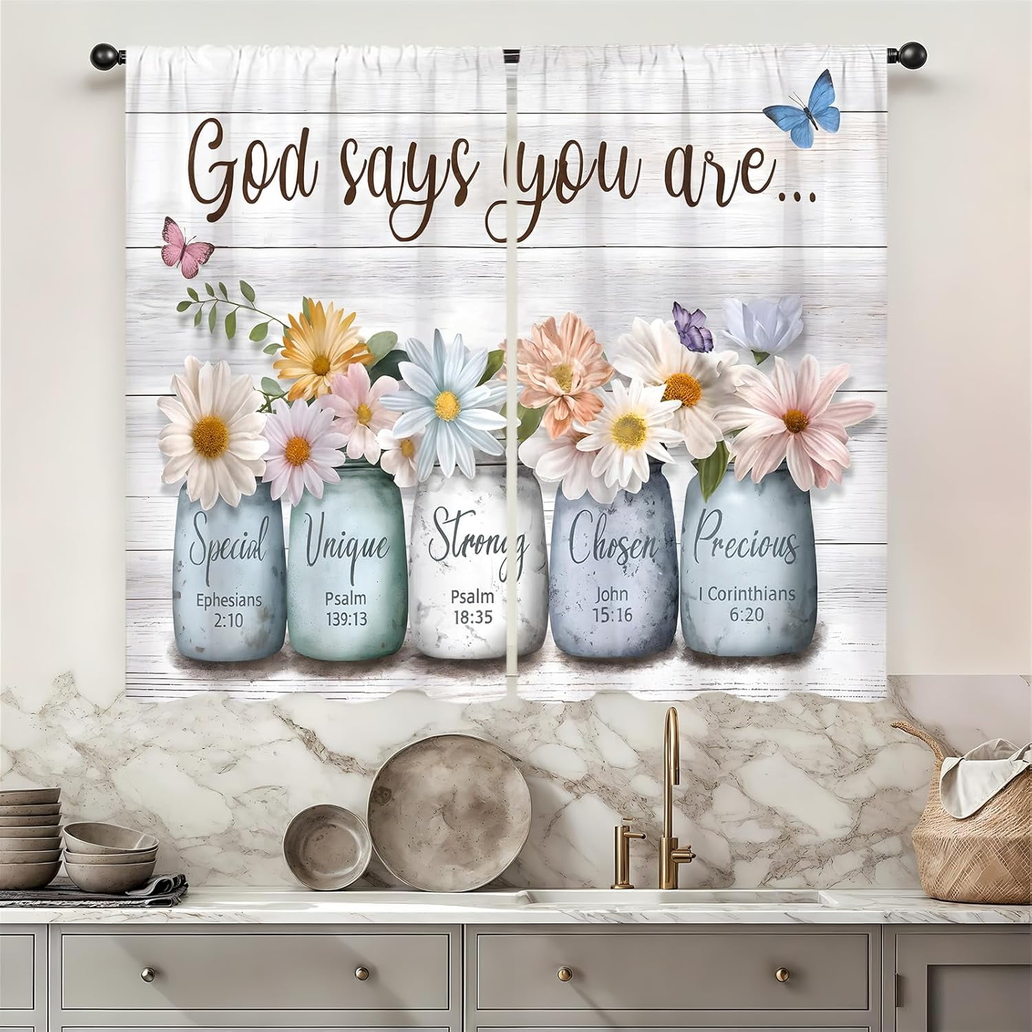Christian Scripture Kitchen Curtain 27.5W X 39L Inch 2 Panel Rod Pocket ...