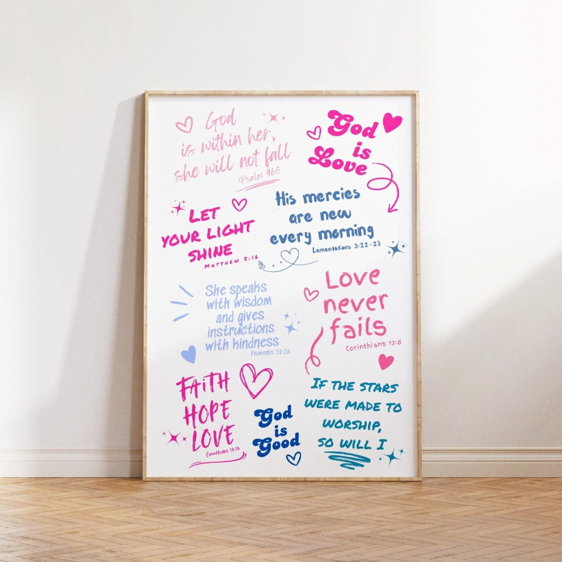 Christian Scripture Pink Blue Wall Art, Unframed Paper Print Size 16x24 ...