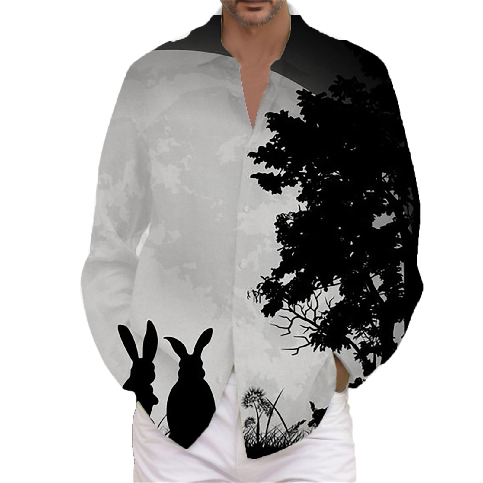 Christian Shirts for Men Themed Linen Playful Rabbit Lapel Button Down ...